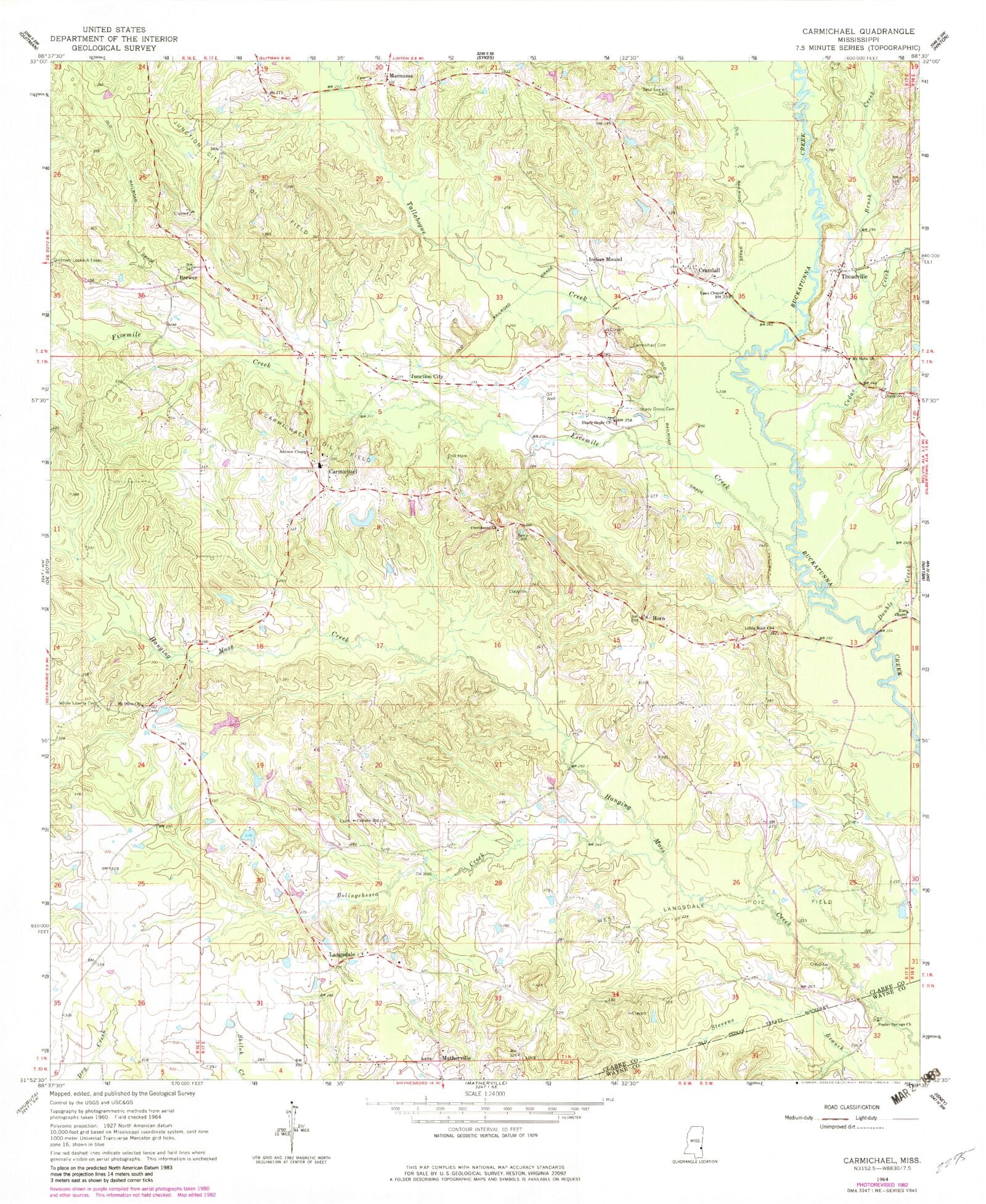 Classic USGS Carmichael Mississippi 7.5'x7.5' Topo Map – MyTopo Map Store