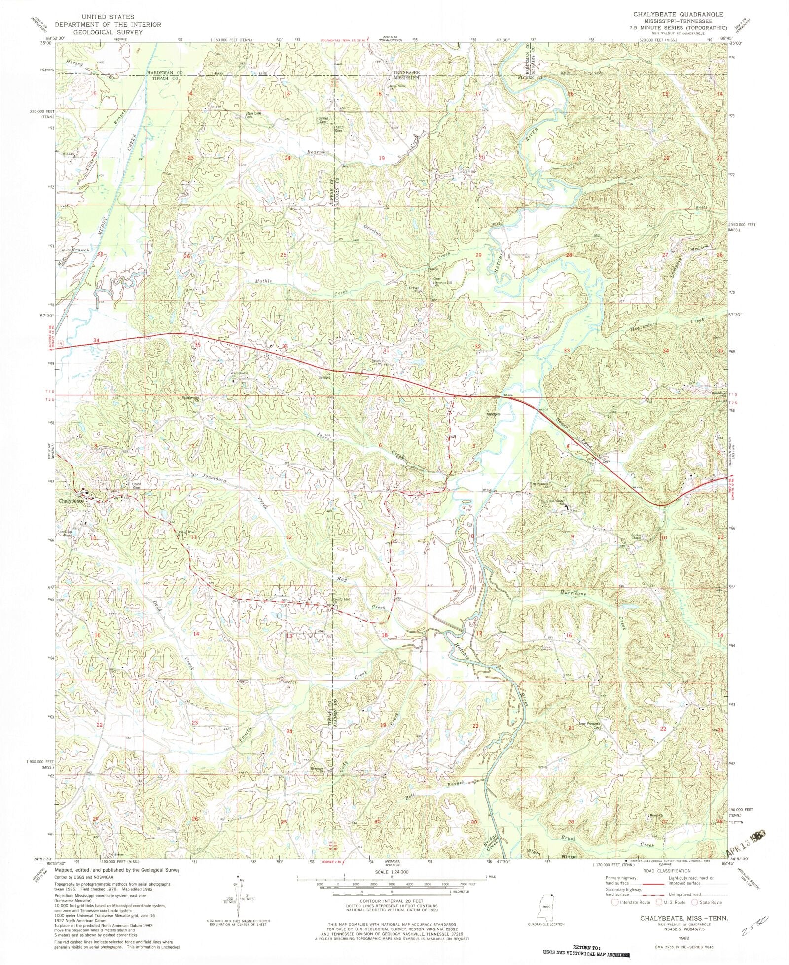 Classic USGS Chalybeate Mississippi 7.5'x7.5' Topo Map – MyTopo Map Store