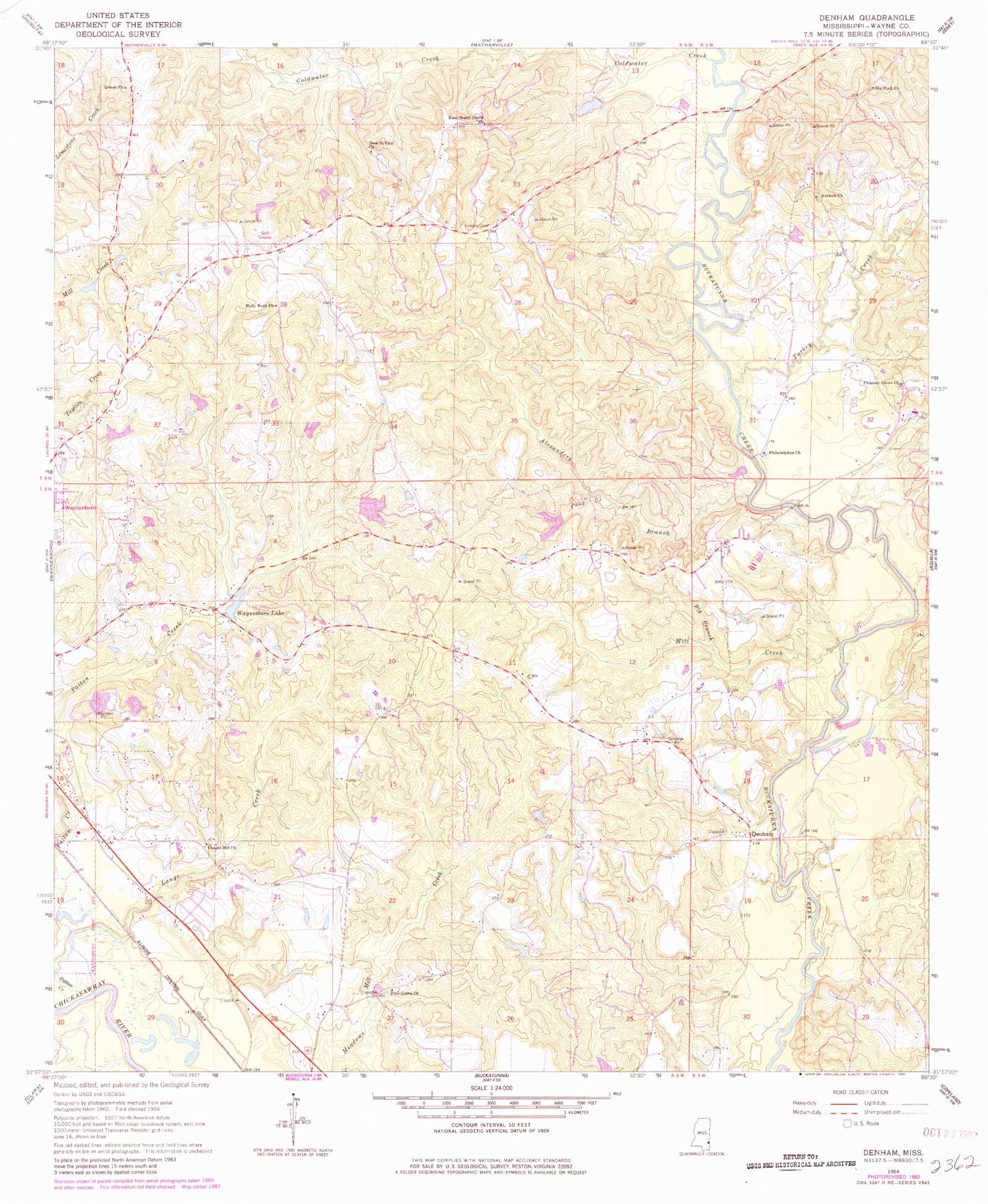 Classic USGS Denham Mississippi 7.5'x7.5' Topo Map – MyTopo Map Store