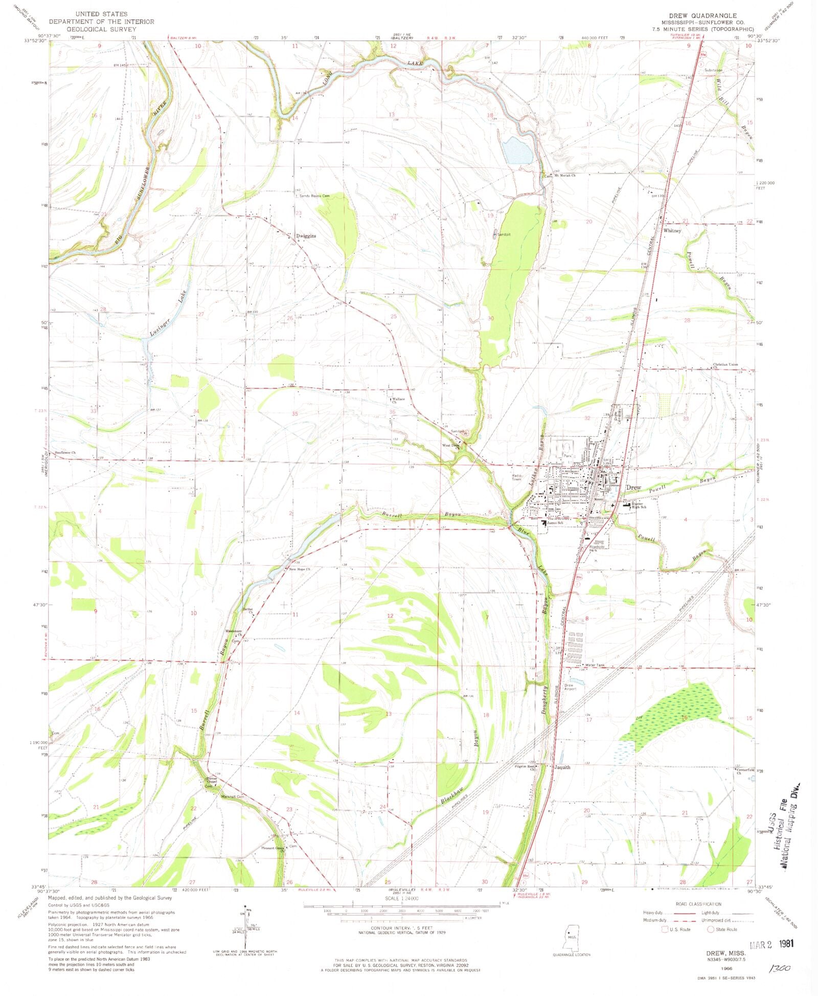 Classic USGS Drew Mississippi 7.5'x7.5' Topo Map – MyTopo Map Store