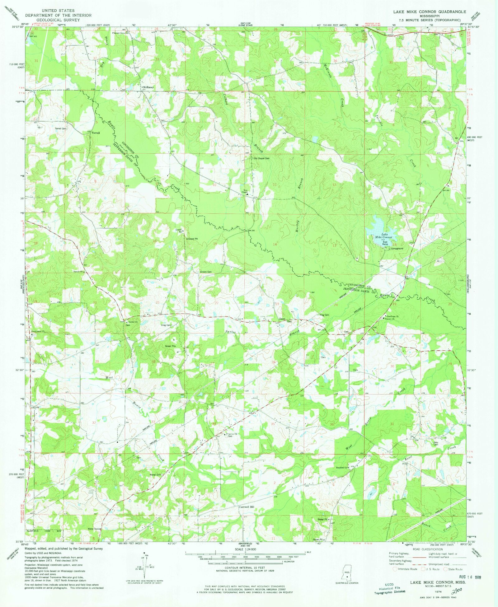 Classic USGS Lake Mike Connor Mississippi 7.5'x7.5' Topo Map – MyTopo ...