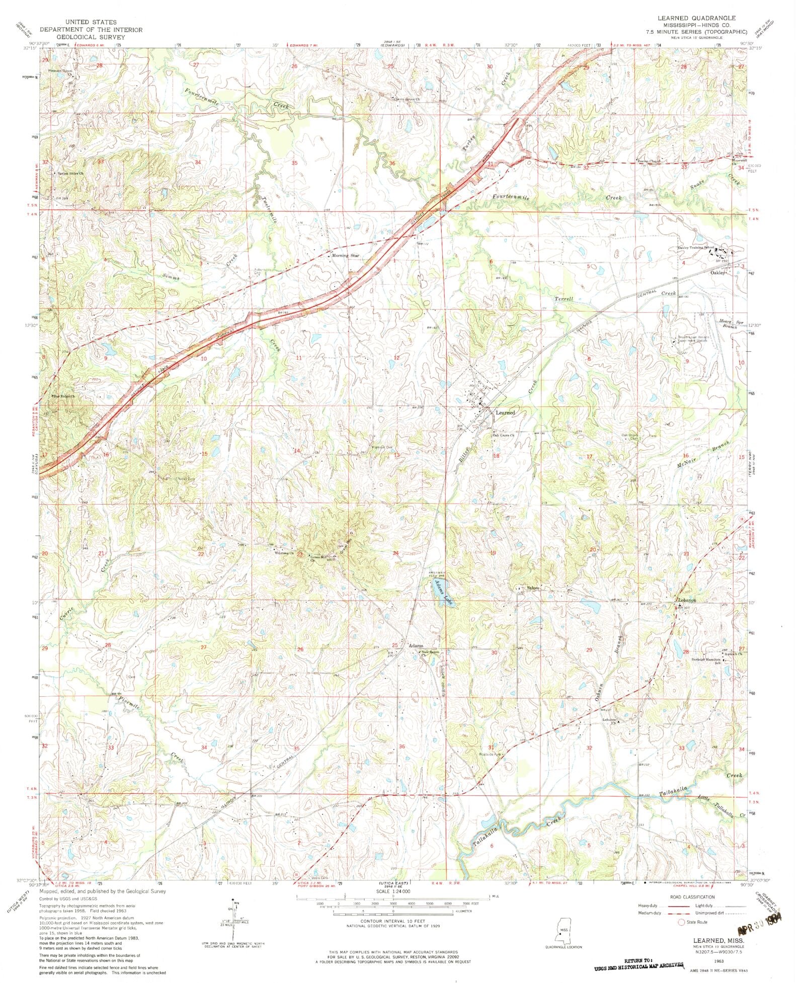 Classic USGS Learned Mississippi 7.5'x7.5' Topo Map – MyTopo Map Store
