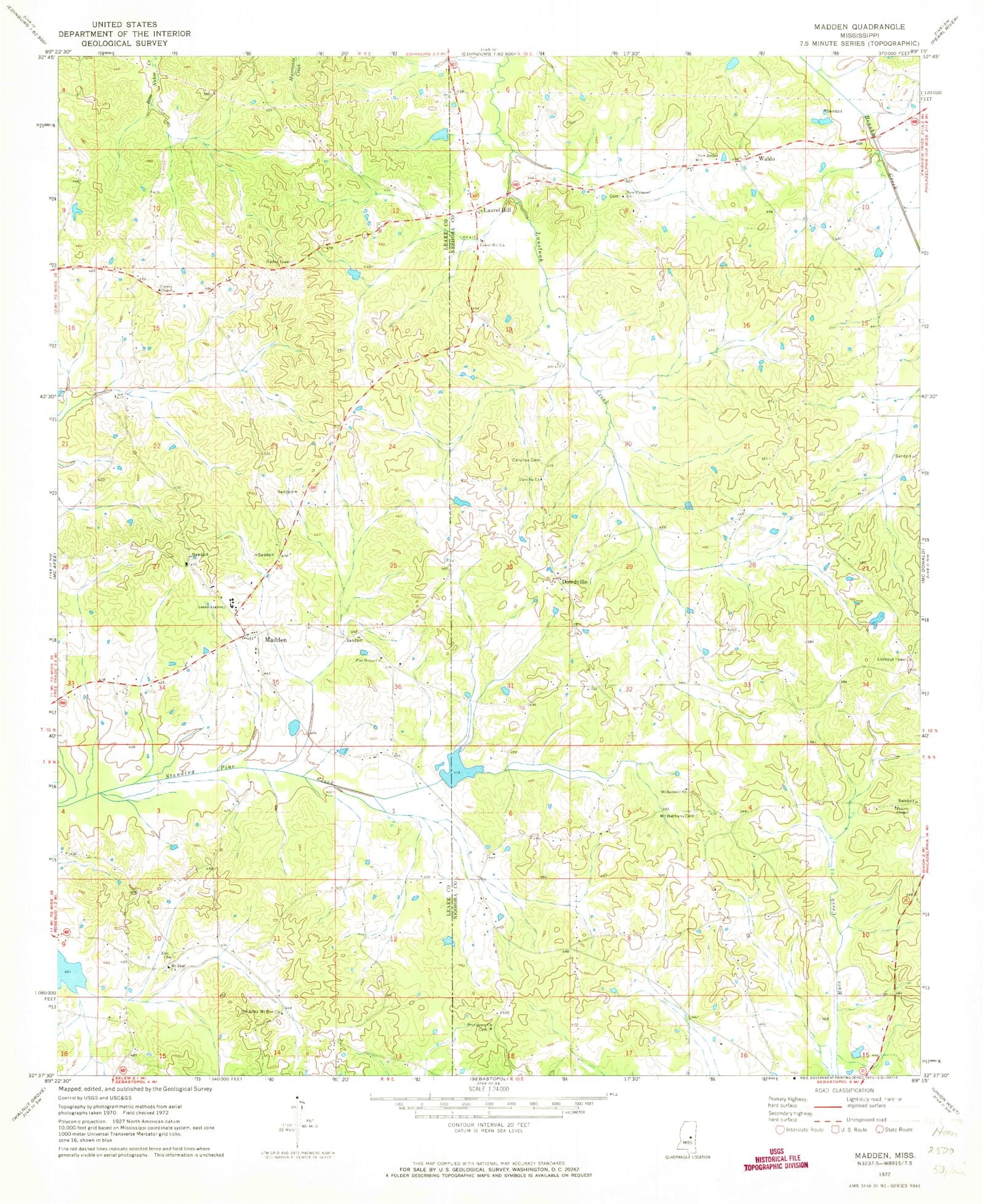 Classic USGS Madden Mississippi 7.5'x7.5' Topo Map – MyTopo Map Store