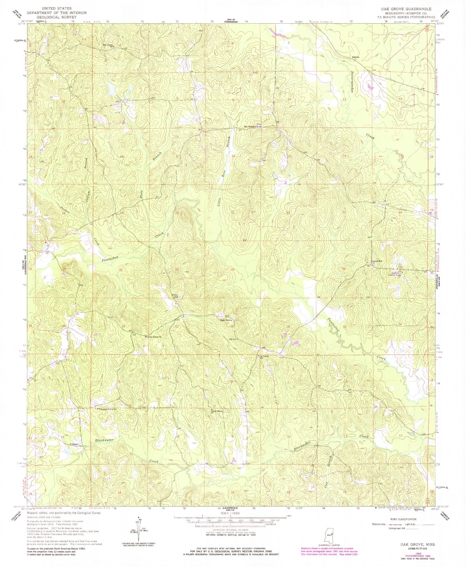 Classic USGS Oak Grove Mississippi 7.5'x7.5' Topo Map – MyTopo Map Store