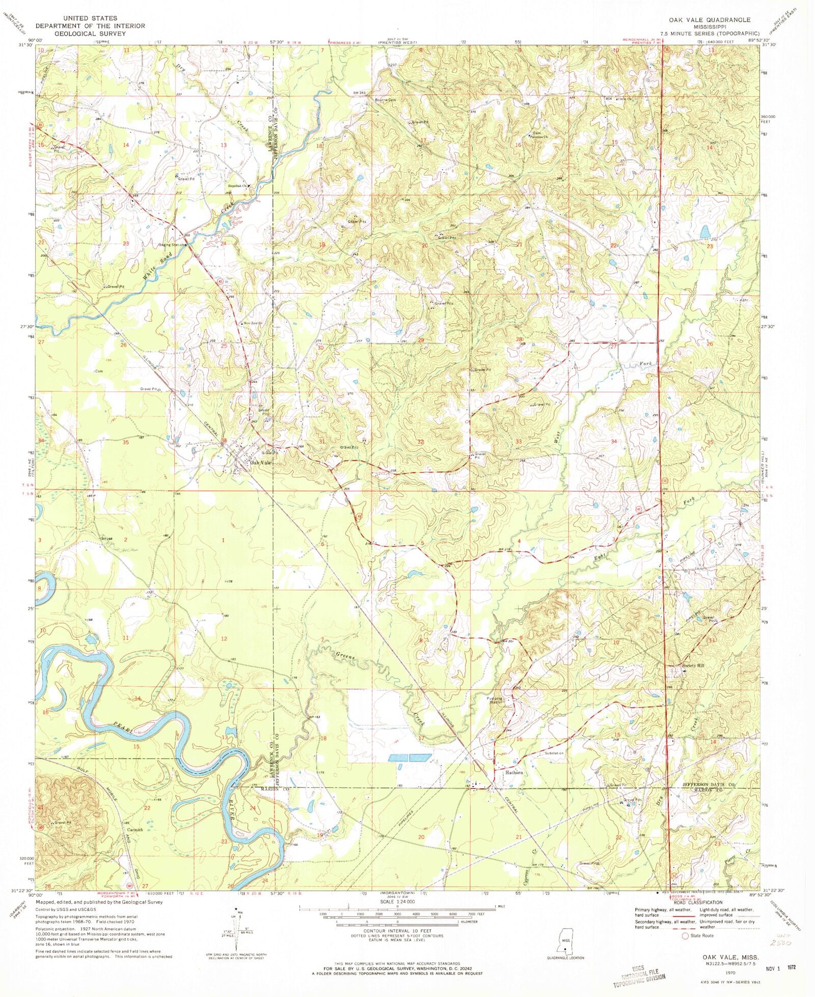 Classic USGS Oak Vale Mississippi 7.5'x7.5' Topo Map – MyTopo Map Store