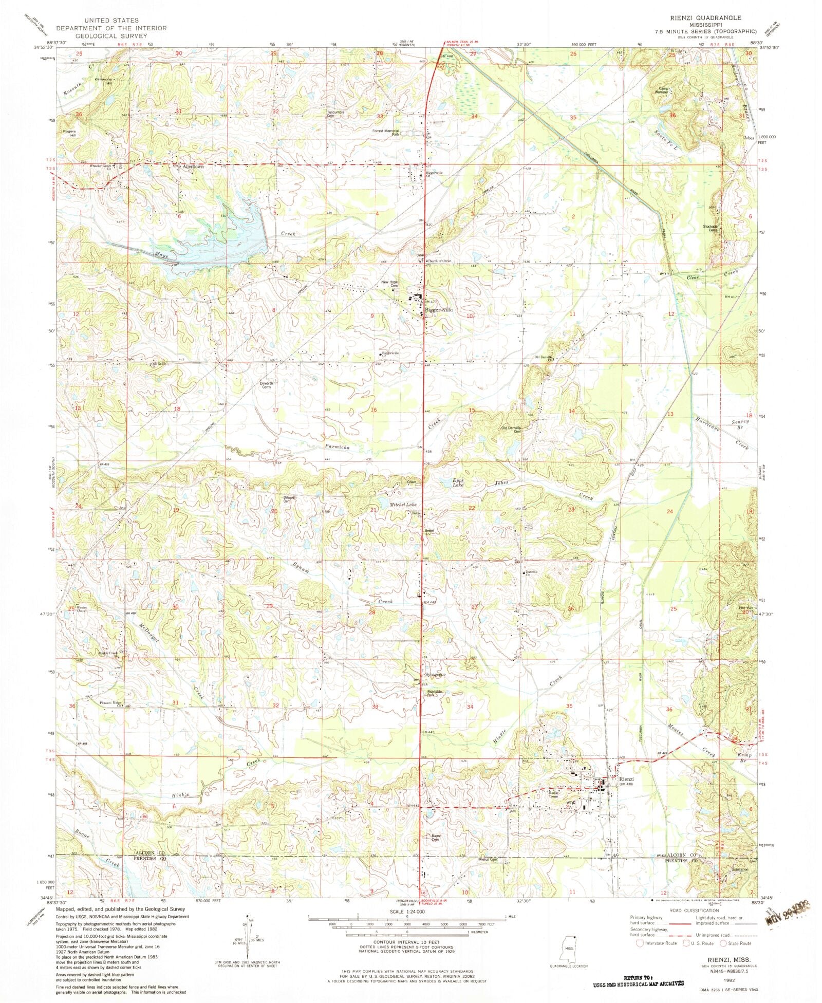 Classic USGS Rienzi Mississippi 7.5'x7.5' Topo Map – MyTopo Map Store