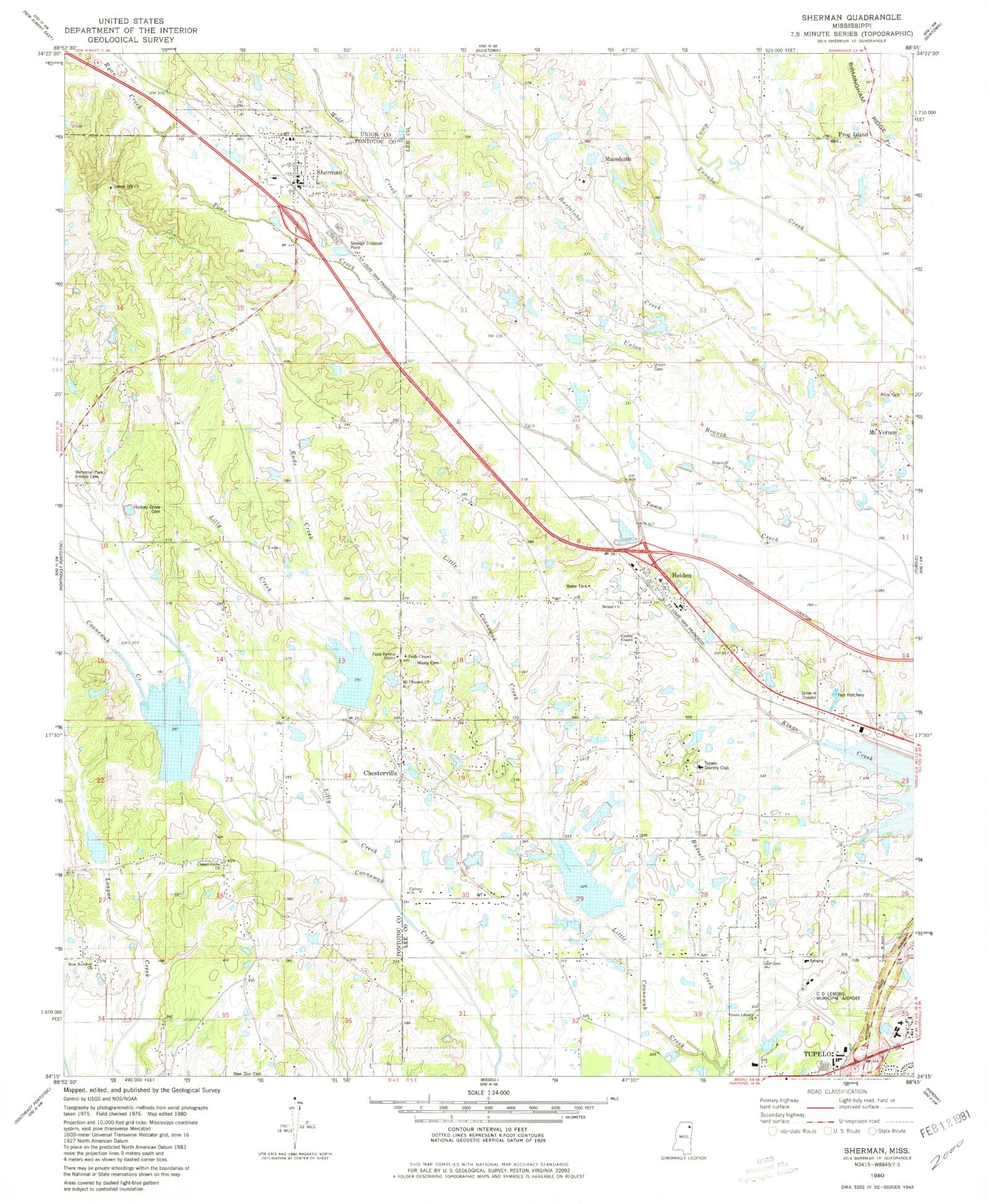 Classic USGS Sherman Mississippi 7.5'x7.5' Topo Map – MyTopo Map Store