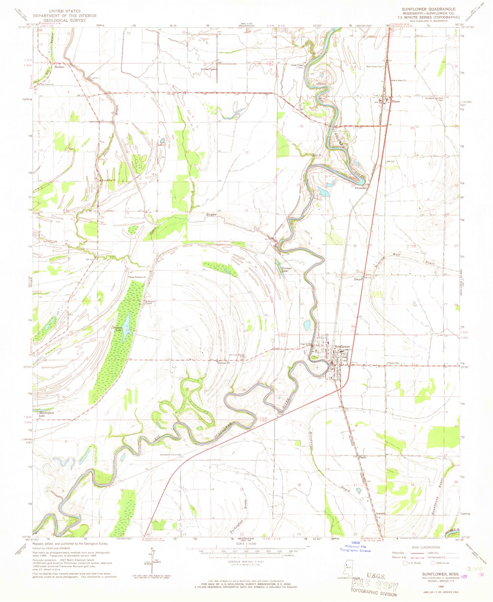 Classic USGS Sunflower Mississippi 7.5'x7.5' Topo Map – MyTopo Map Store