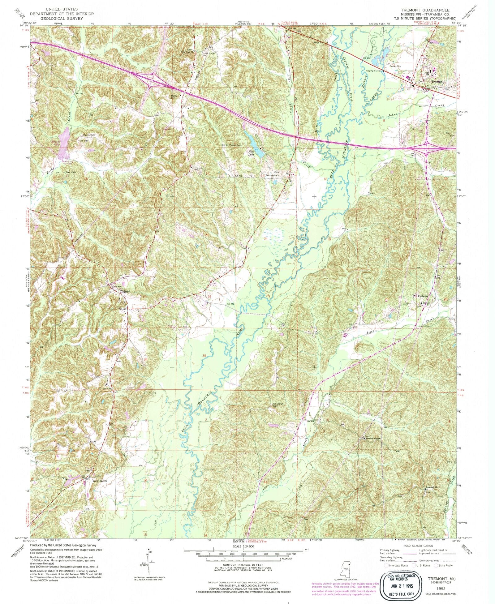 Classic USGS Tremont Mississippi 7.5'x7.5' Topo Map – MyTopo Map Store