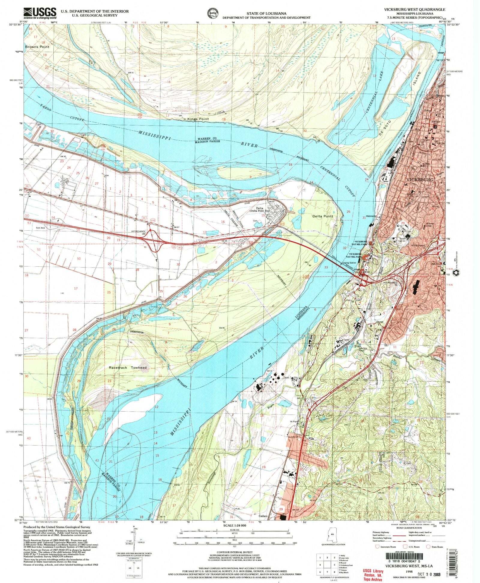 Classic USGS Vicksburg West Mississippi 7.5'x7.5' Topo Map – MyTopo Map ...