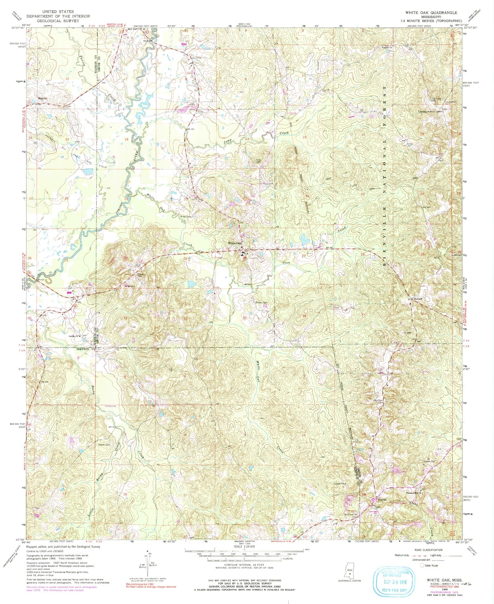 Classic USGS White Oak Mississippi 7.5'x7.5' Topo Map – MyTopo Map Store