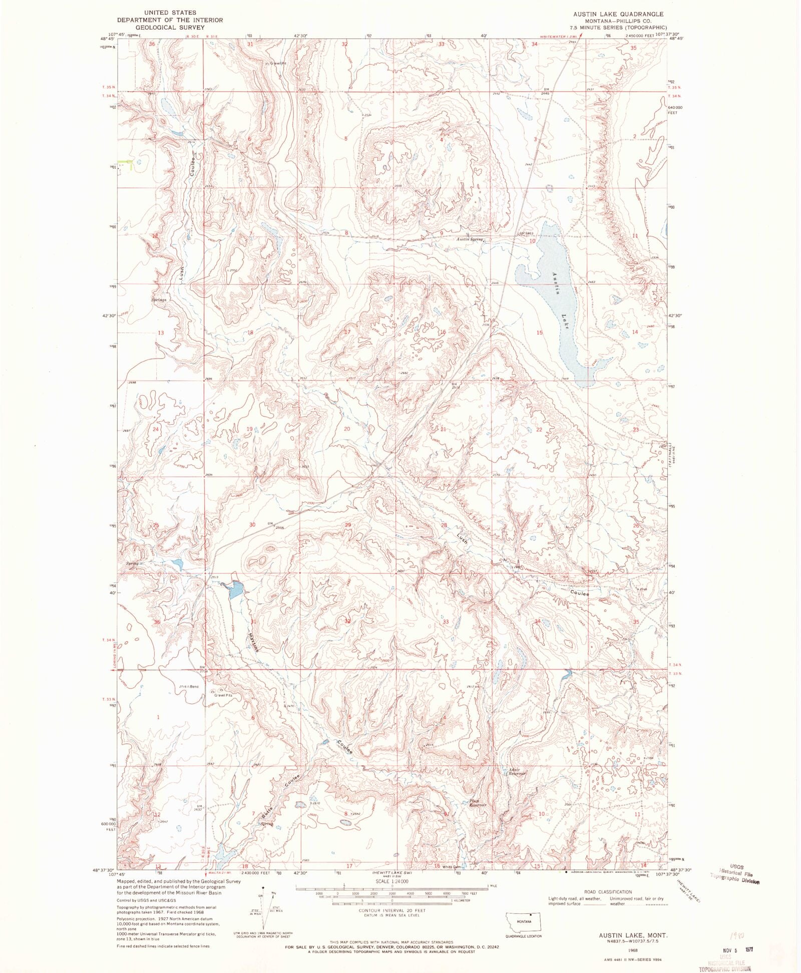 Classic USGS Austin Lake Montana 7.5'x7.5' Topo Map – MyTopo Map Store