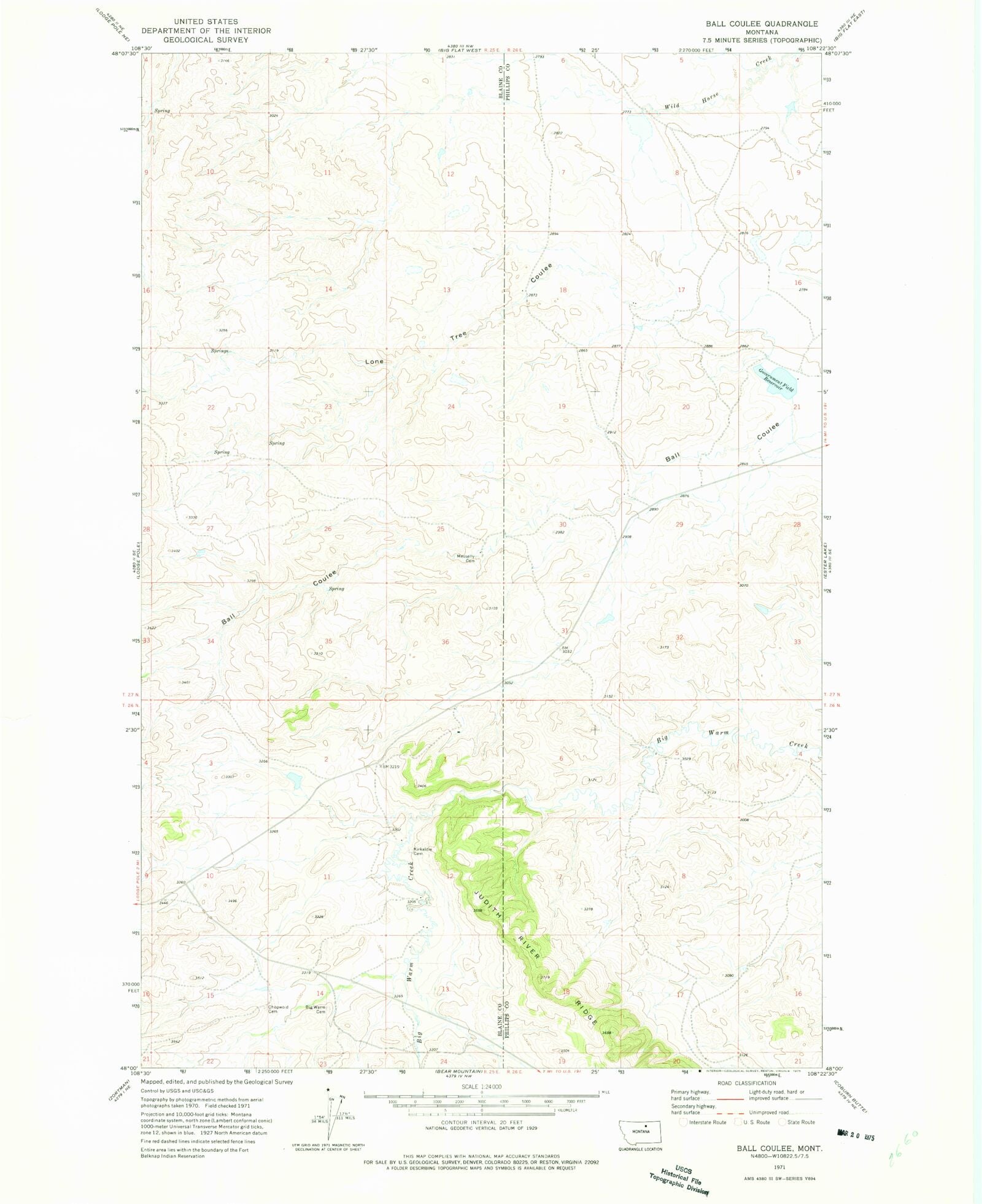 Classic USGS Ball Coulee Montana 7.5'x7.5' Topo Map – MyTopo Map Store