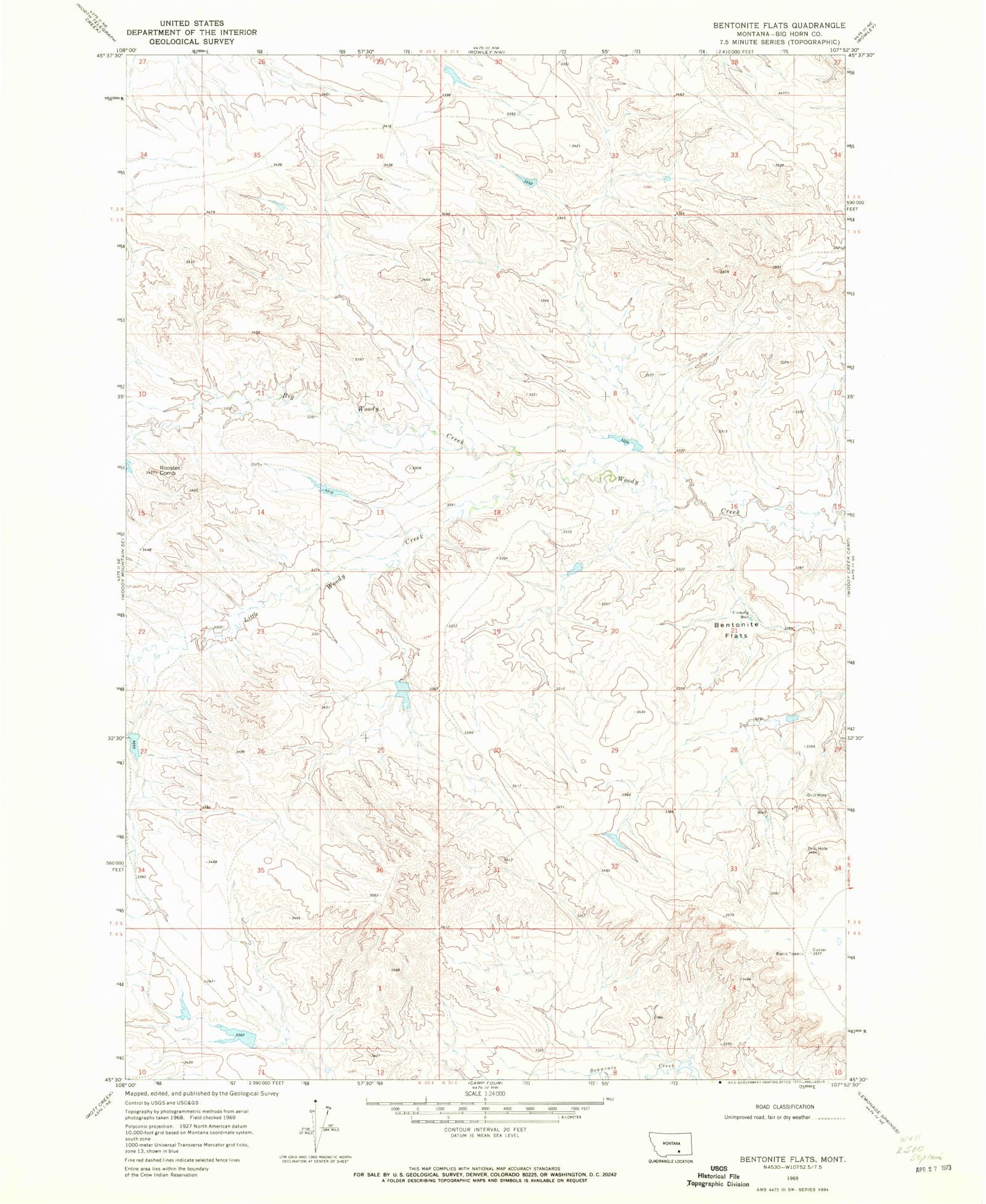 Classic USGS Bentonite Flats Montana 7.5'x7.5' Topo Map – MyTopo Map Store