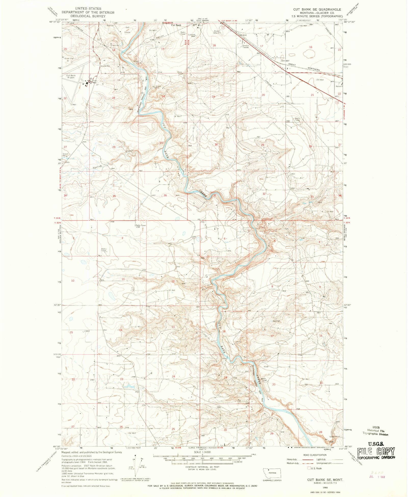 Classic USGS Cut Bank SE Montana 7.5'x7.5' Topo Map – MyTopo Map Store