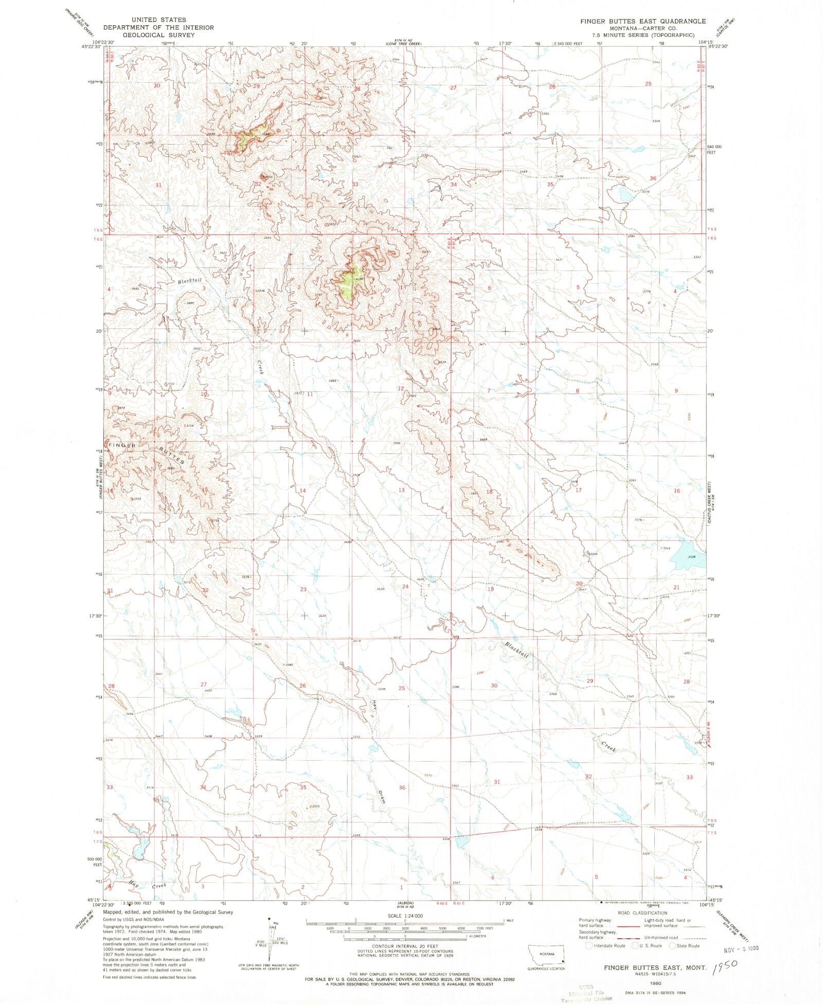 Classic USGS Finger Buttes East Montana 7.5'x7.5' Topo Map – MyTopo Map ...
