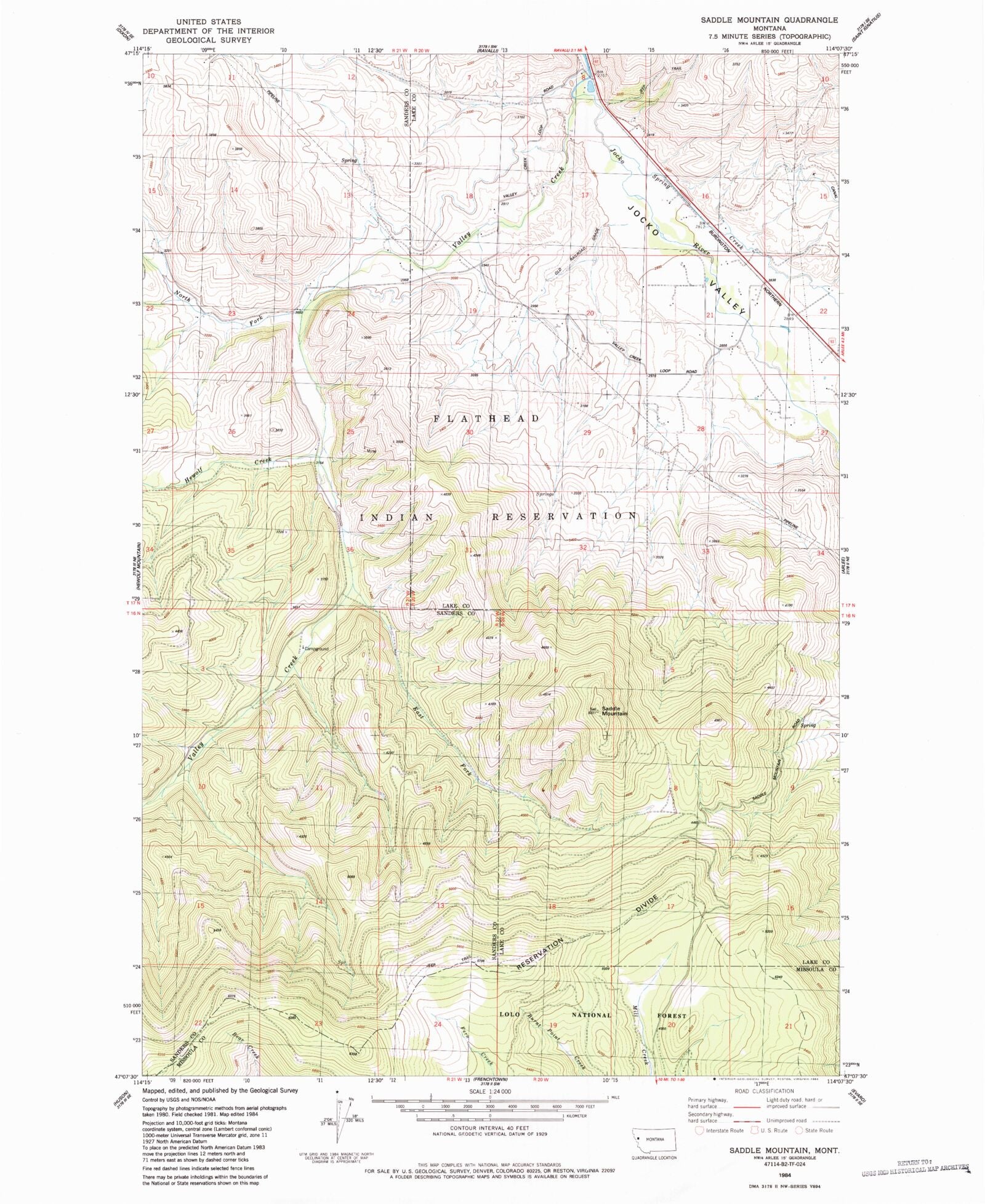 Classic USGS Saddle Mountain Montana 7.5'x7.5' Topo Map – MyTopo Map Store
