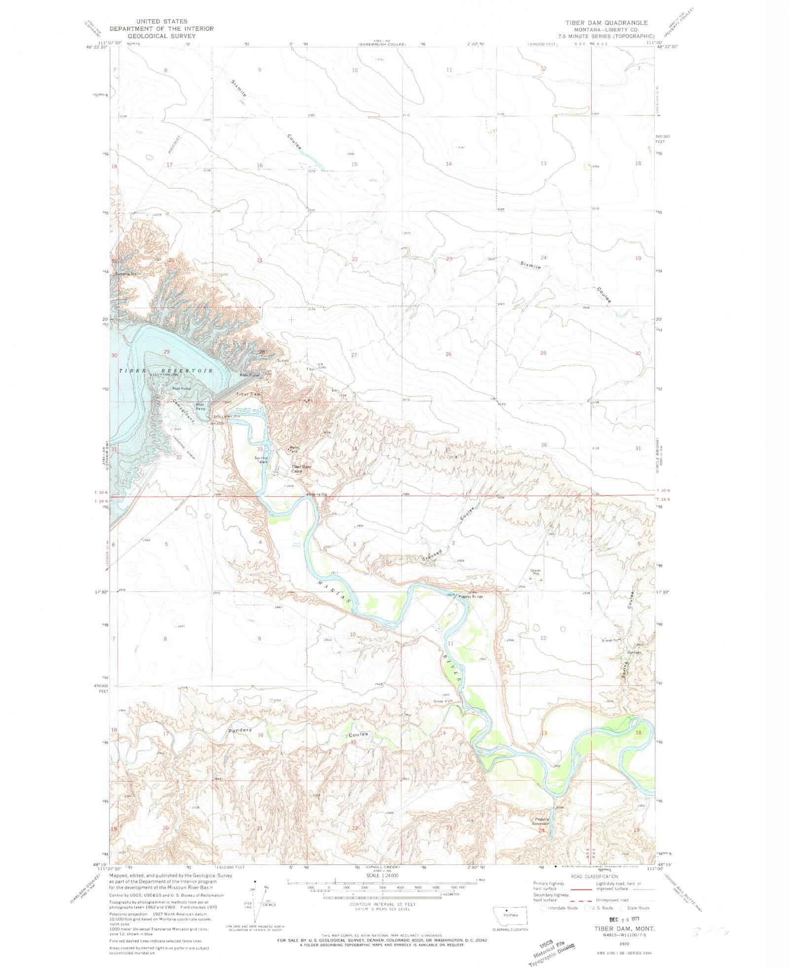 Classic USGS Tiber Dam Montana 7.5'x7.5' Topo Map – MyTopo Map Store