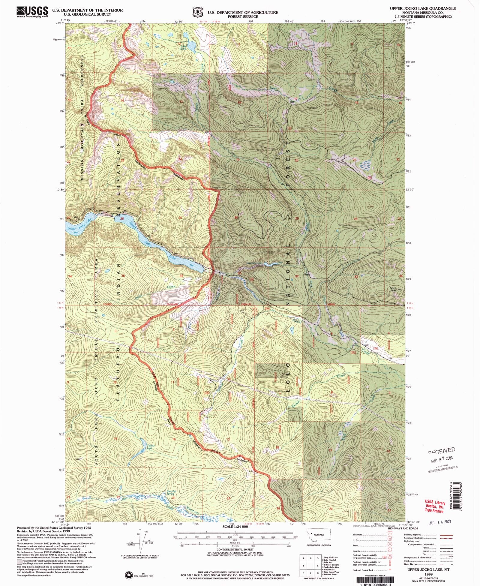 Classic USGS Upper Jocko Lake Montana 7.5'x7.5' Topo Map – MyTopo Map Store
