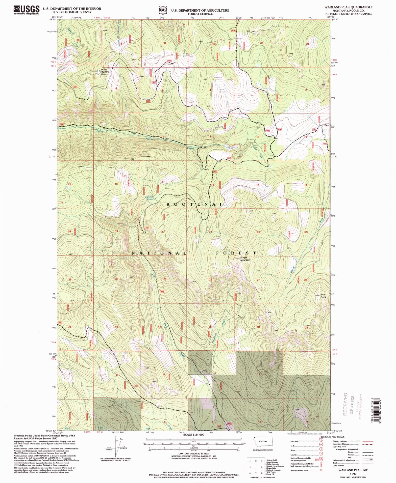 Classic USGS Warland Peak Montana 7.5'x7.5' Topo Map – MyTopo Map Store