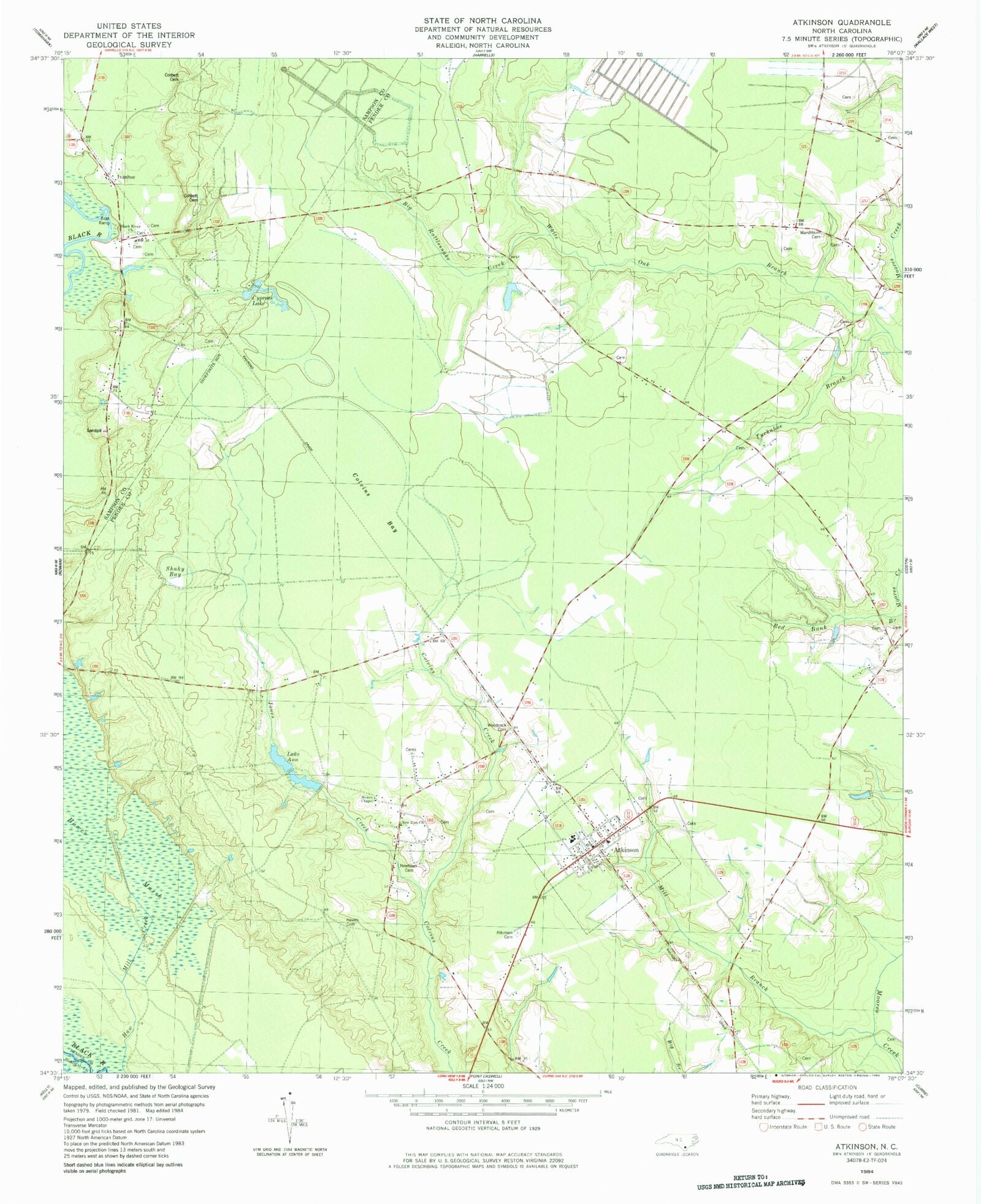 Classic USGS Atkinson North Carolina 7.5'x7.5' Topo Map – MyTopo Map Store