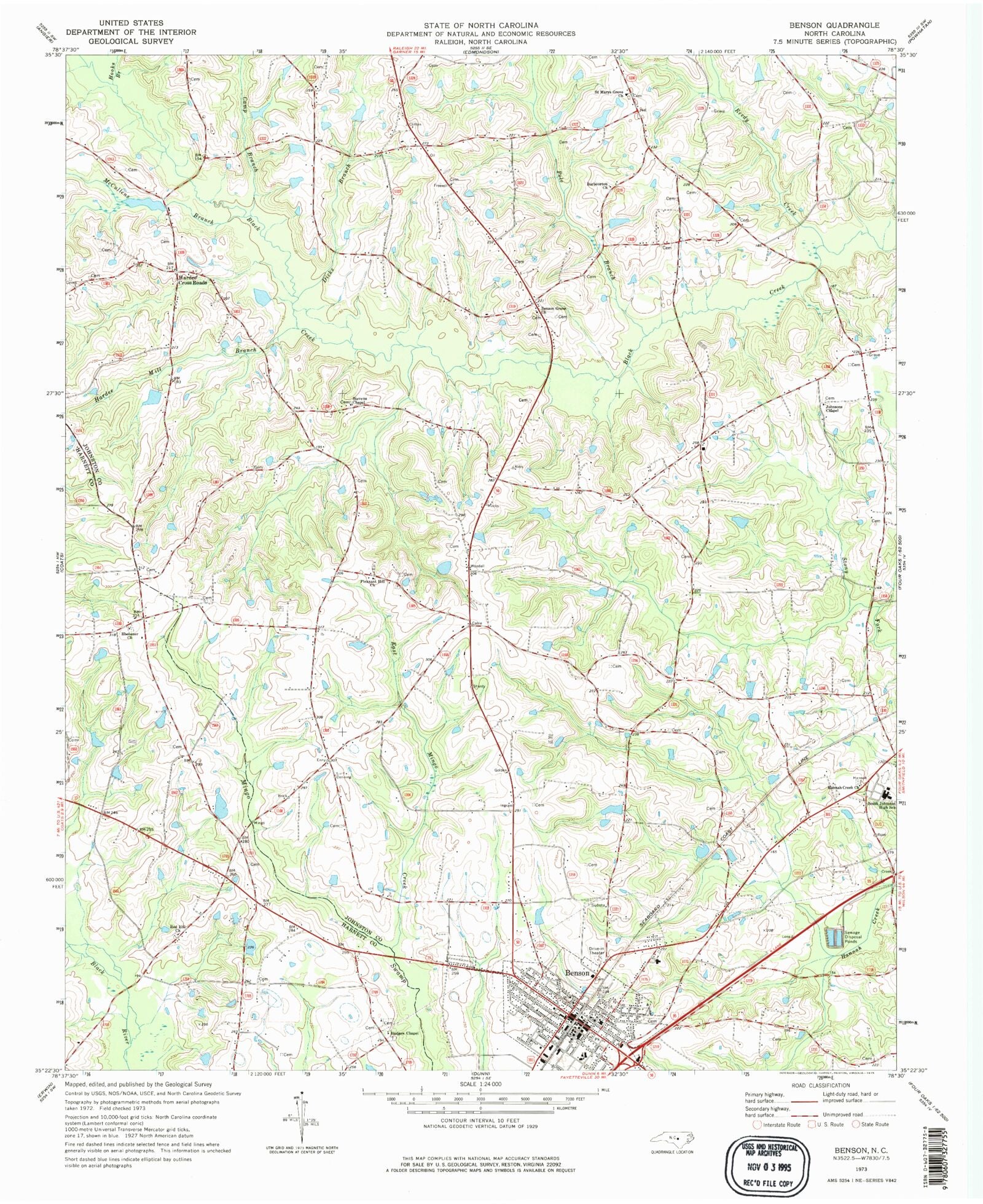 Classic USGS Benson North Carolina 7.5'x7.5' Topo Map – MyTopo Map Store