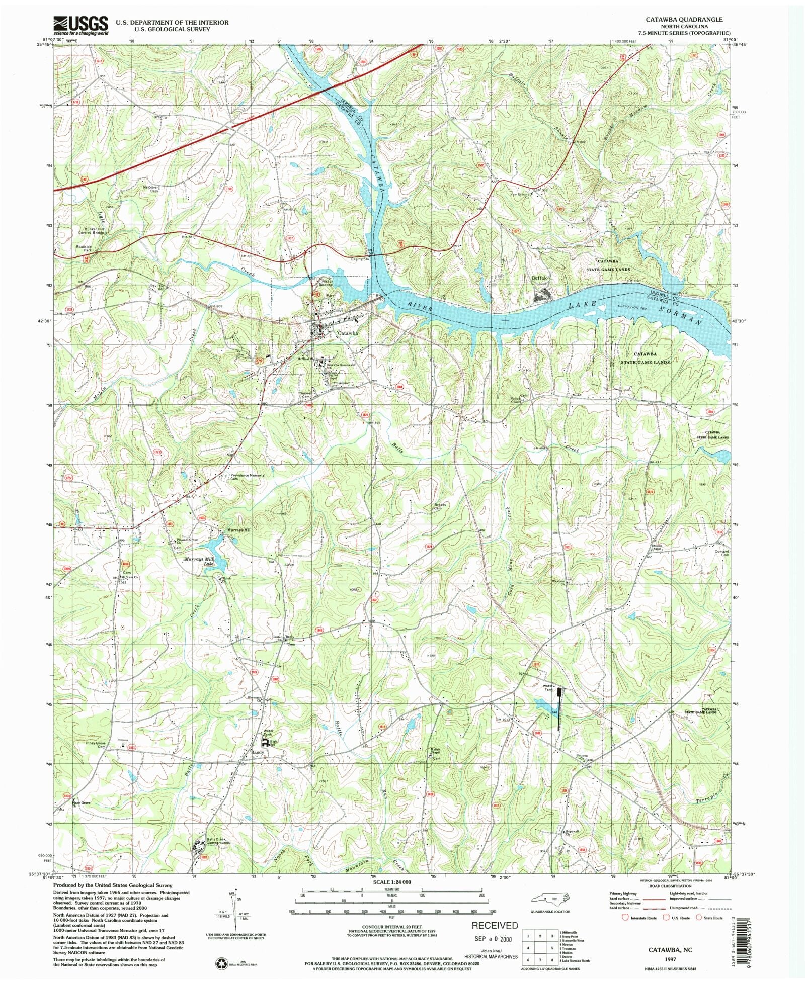 Classic USGS Catawba North Carolina 7.5'x7.5' Topo Map – MyTopo Map Store