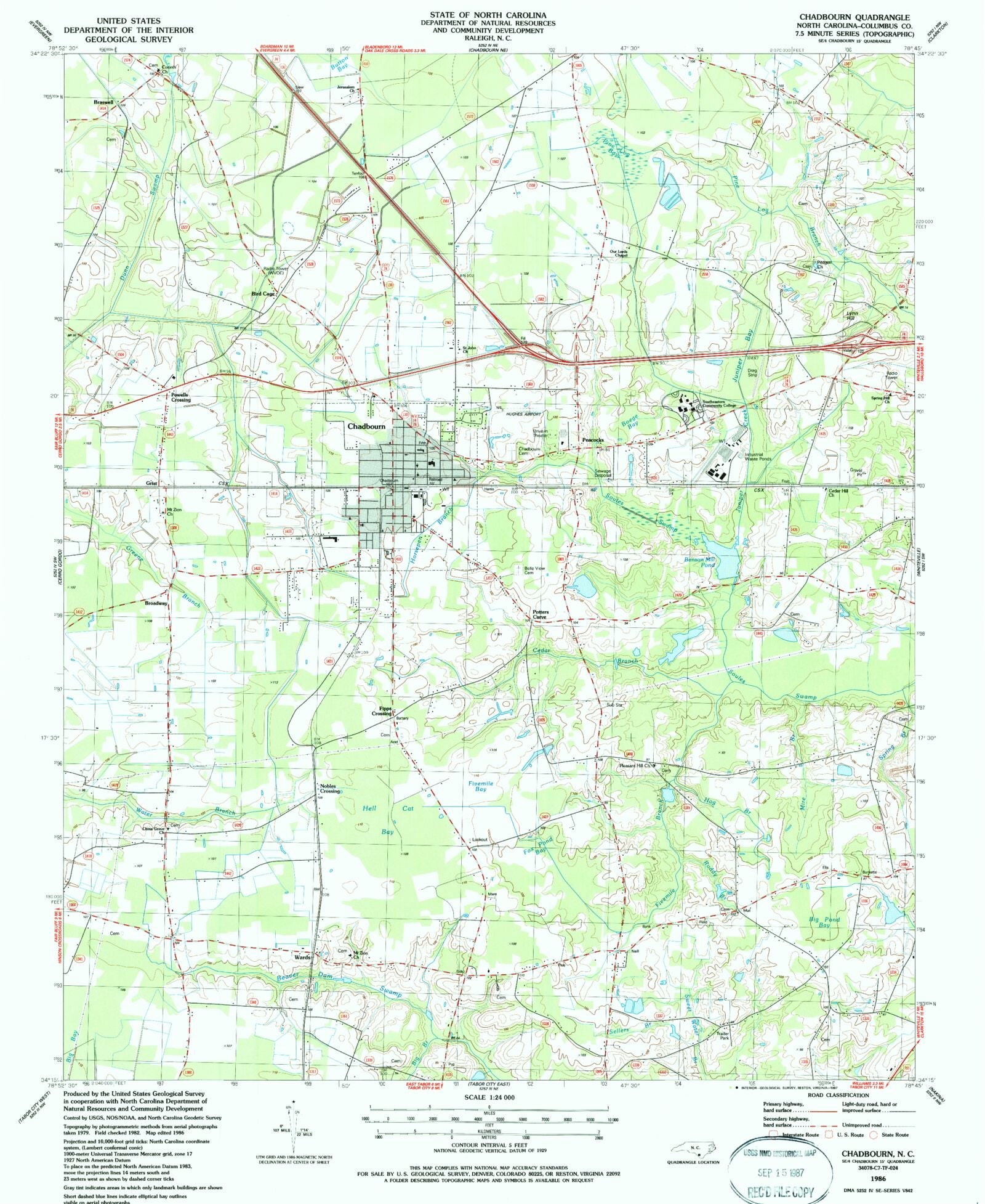 Classic USGS Chadbourn North Carolina 7.5'x7.5' Topo Map – MyTopo Map Store