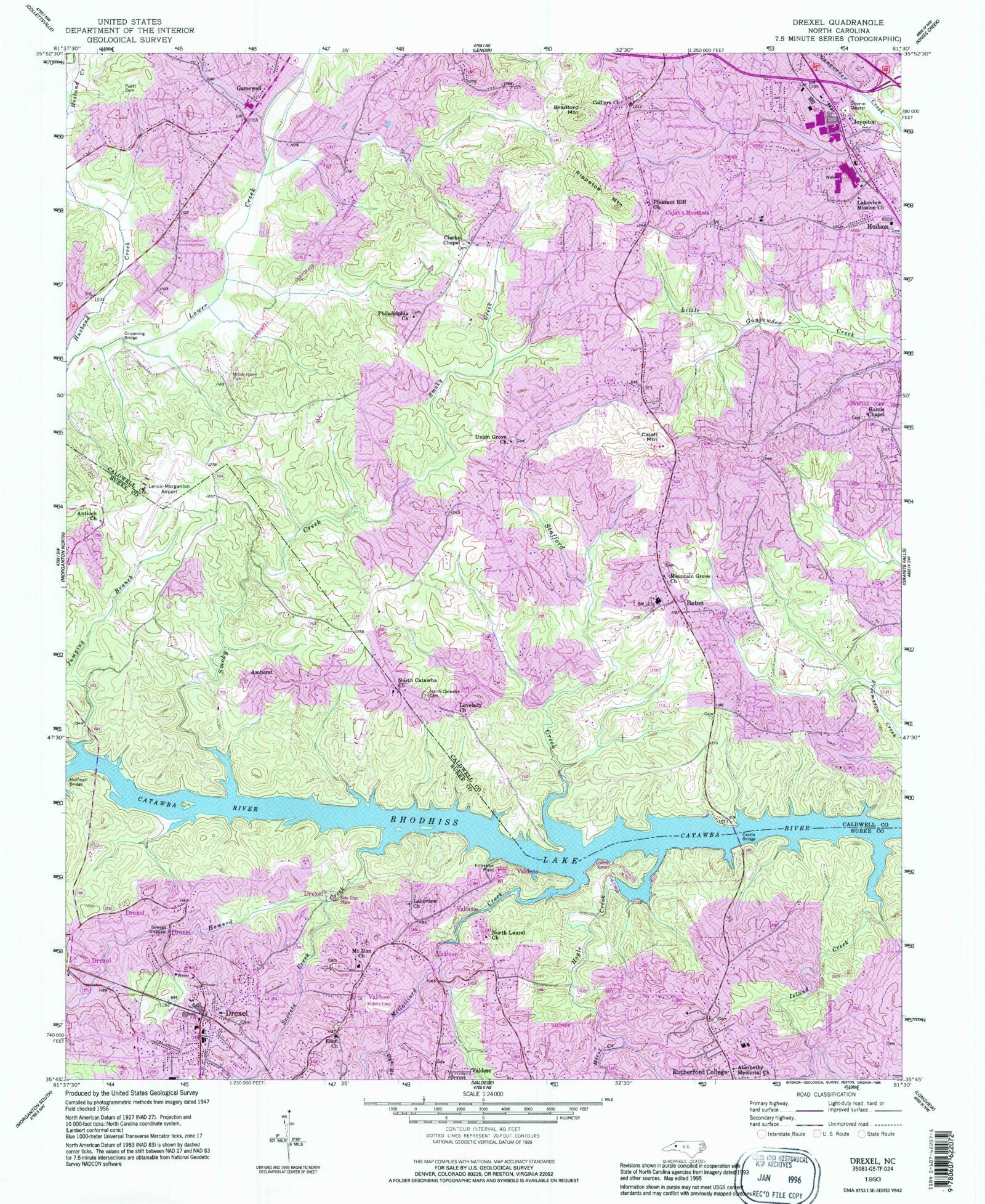 Classic USGS Drexel North Carolina 7.5'x7.5' Topo Map – MyTopo Map Store