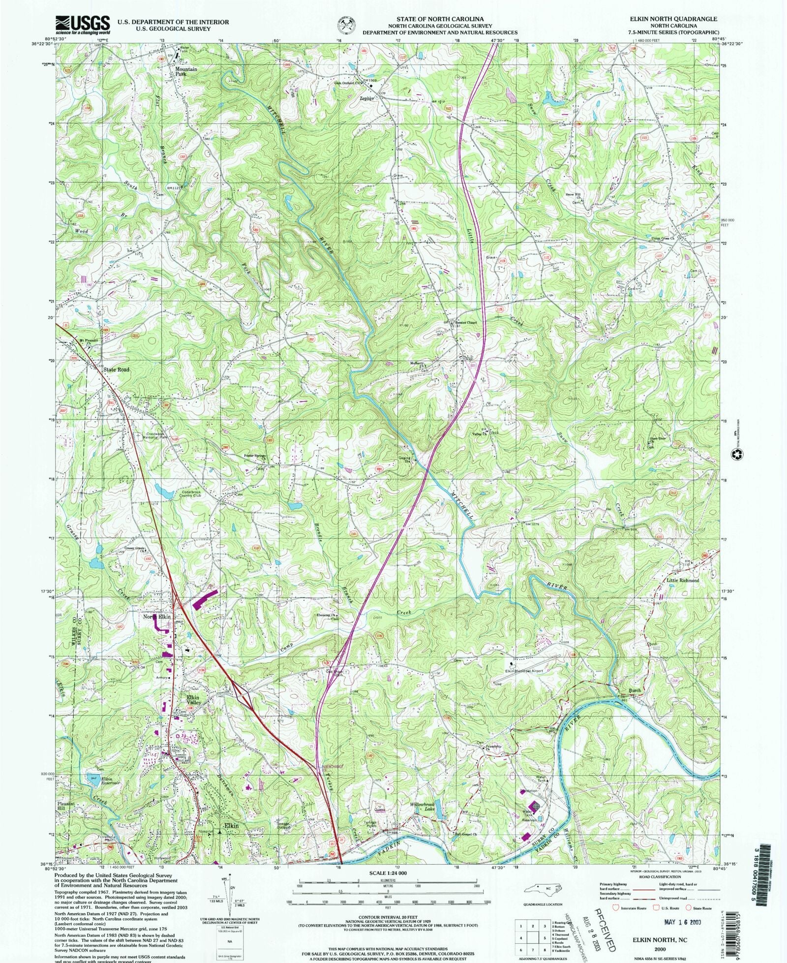 Classic USGS Elkin North North Carolina 7.5'x7.5' Topo Map – MyTopo Map ...