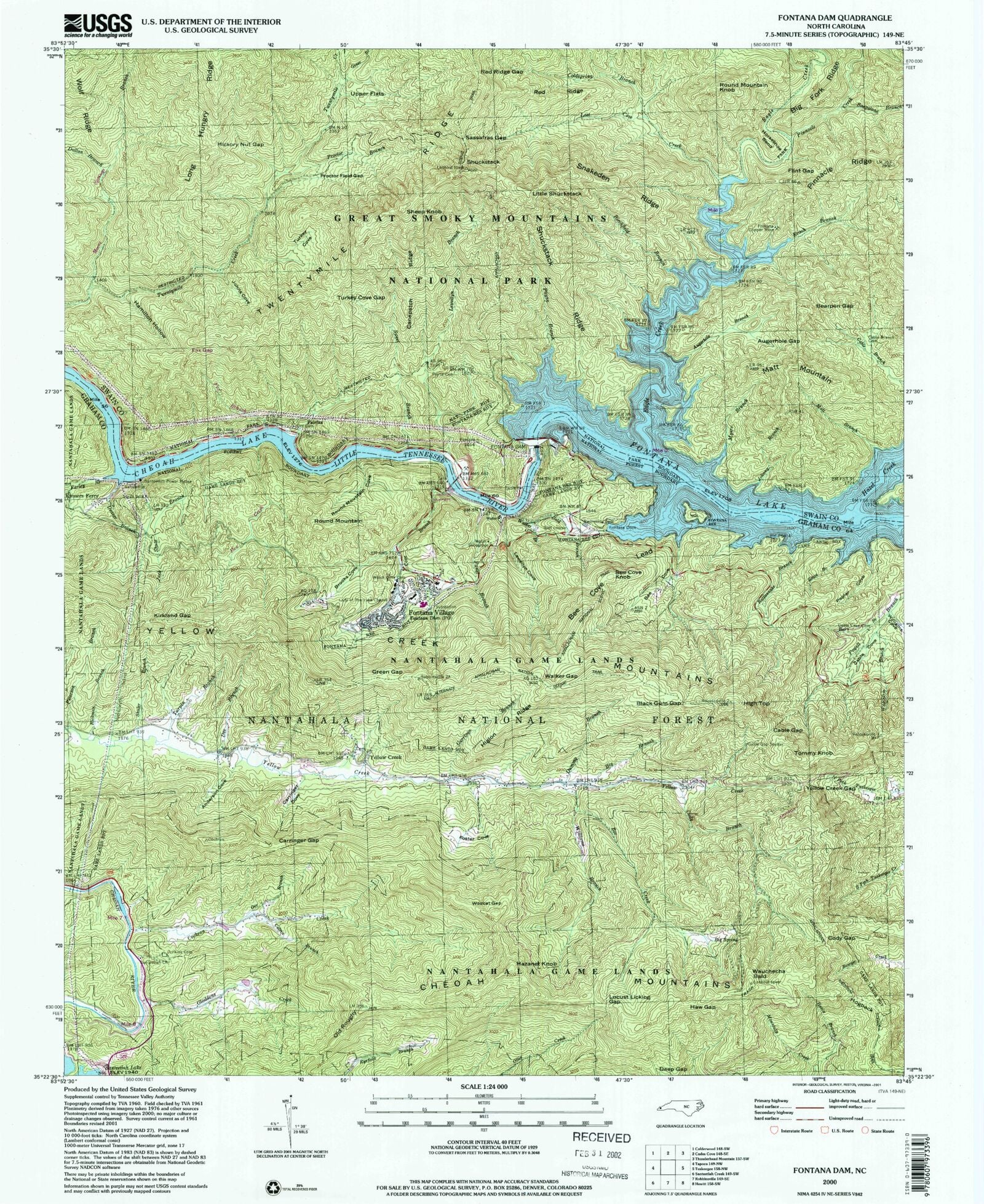 Classic USGS Fontana Dam North Carolina 7.5'x7.5' Topo Map – MyTopo Map ...