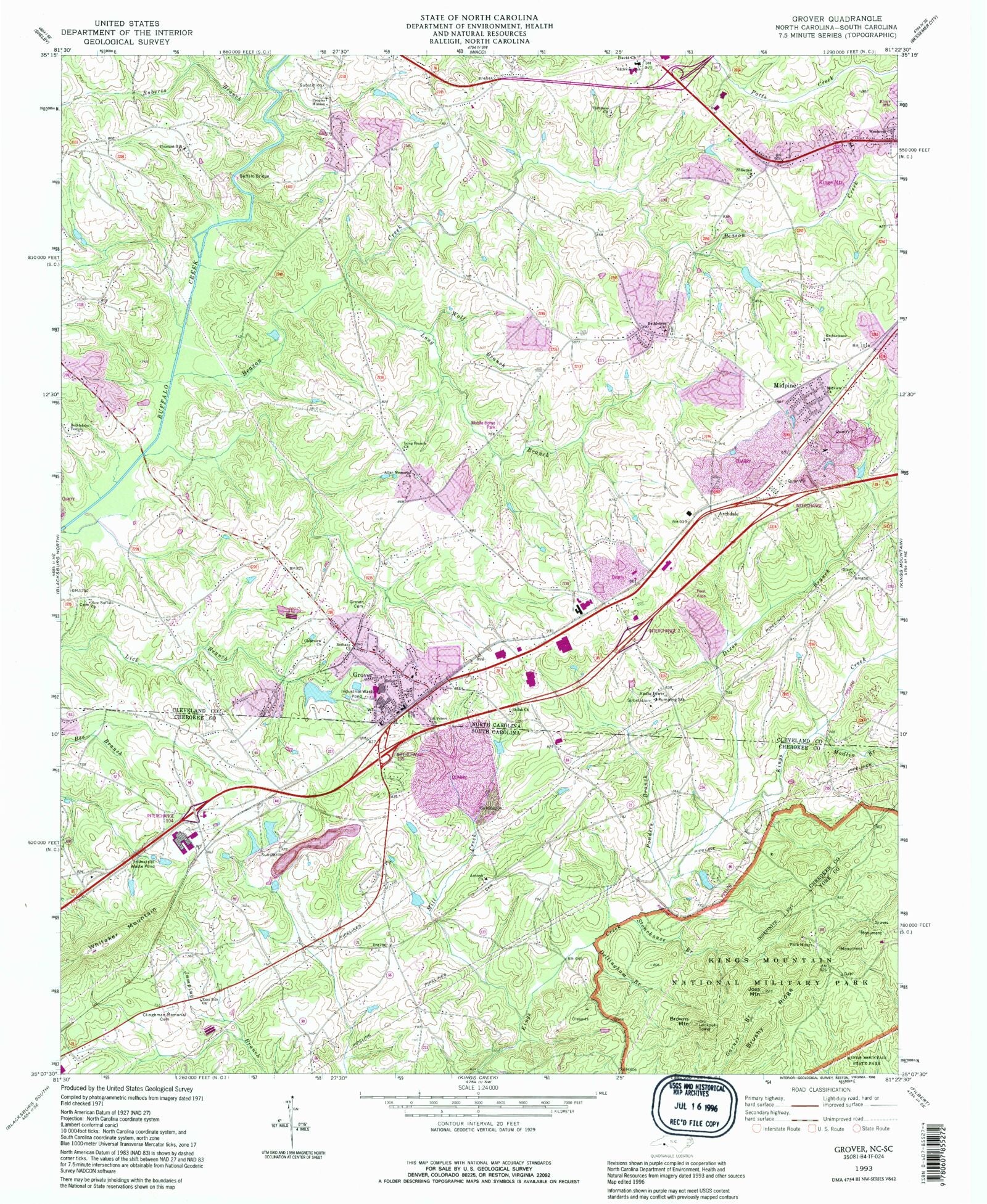 Classic USGS Grover North Carolina 7.5'x7.5' Topo Map – MyTopo Map Store