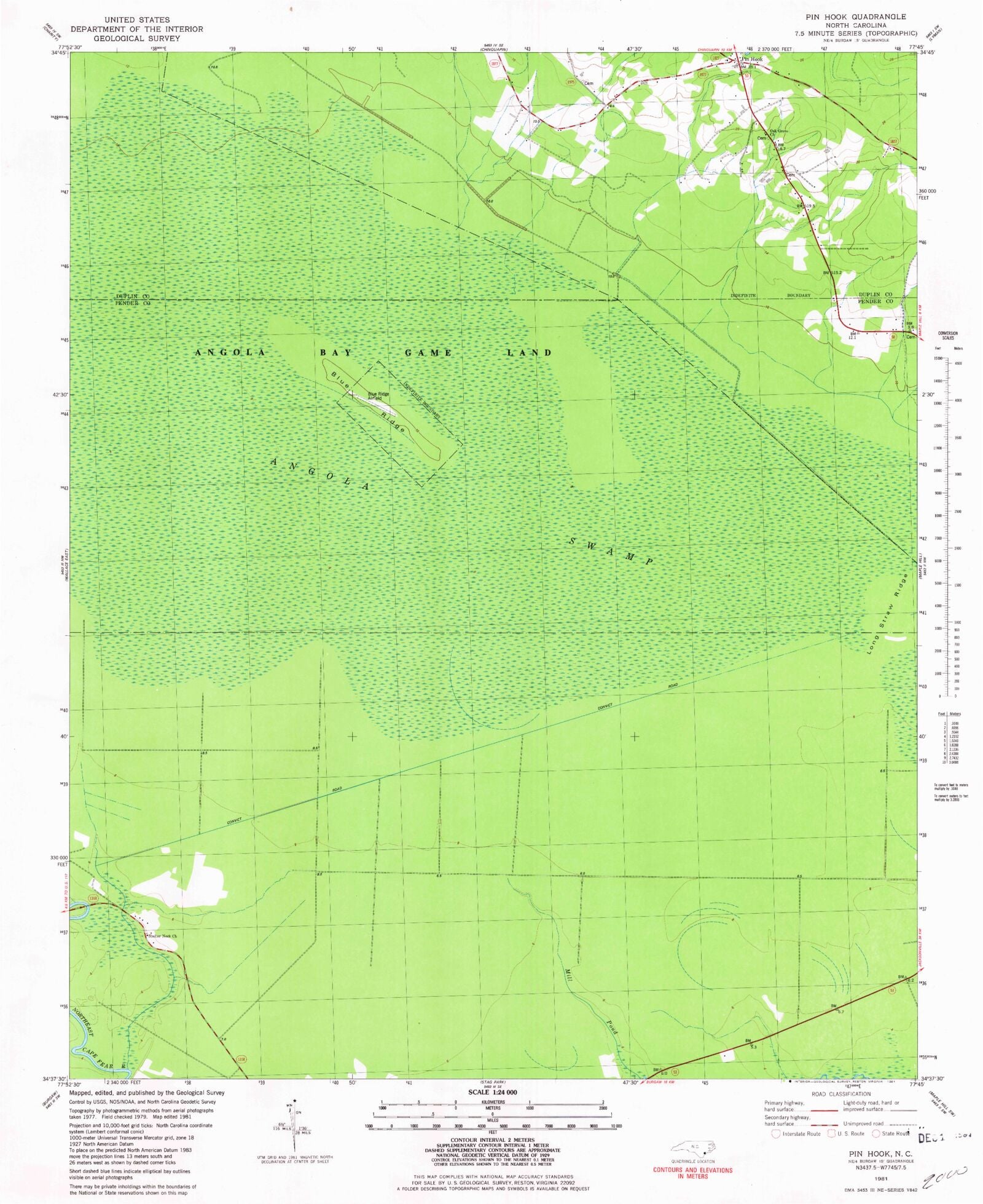 Classic USGS Pin Hook North Carolina 7.5'x7.5' Topo Map – MyTopo Map Store