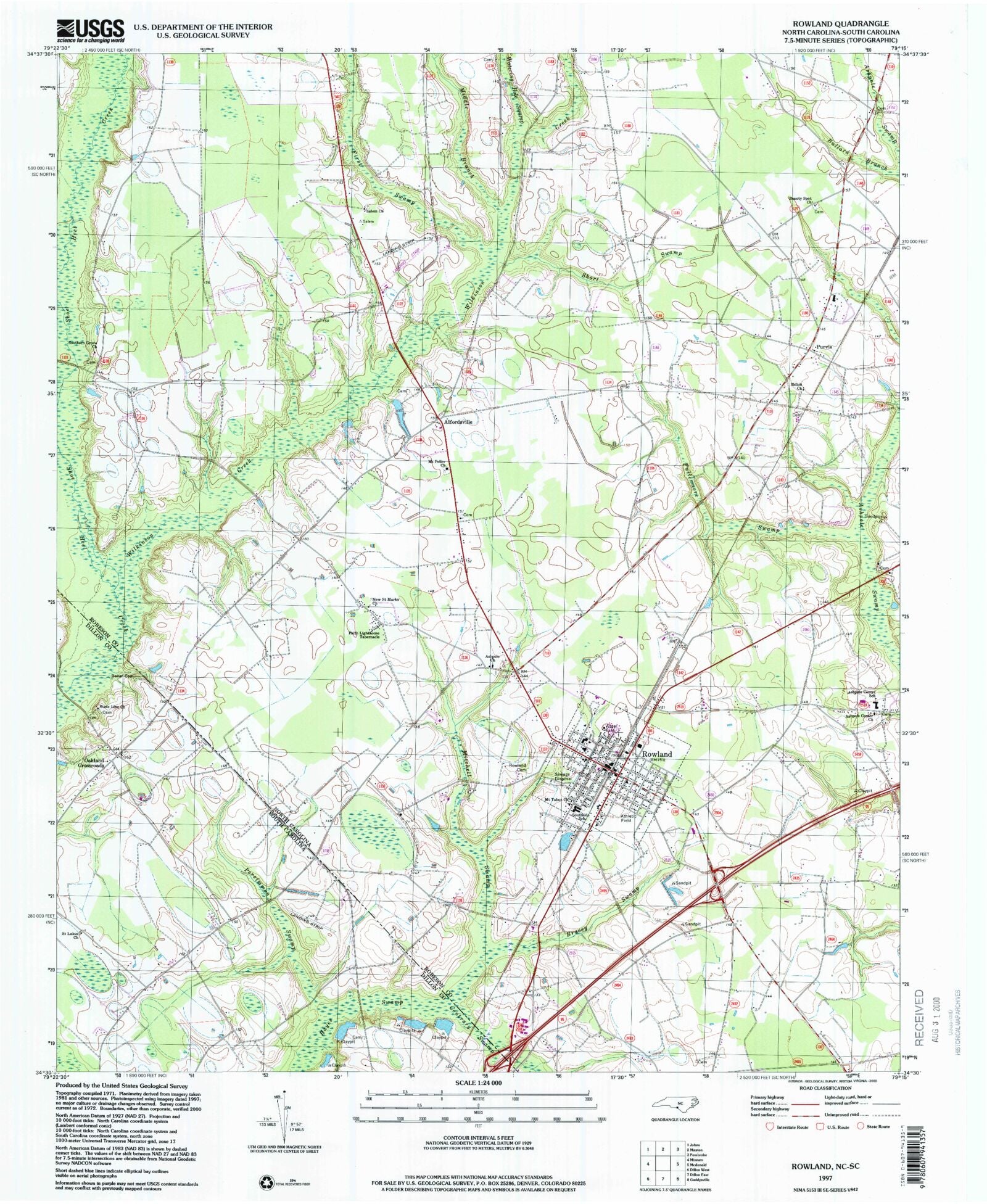 Classic USGS Rowland North Carolina 7.5'x7.5' Topo Map – MyTopo Map Store