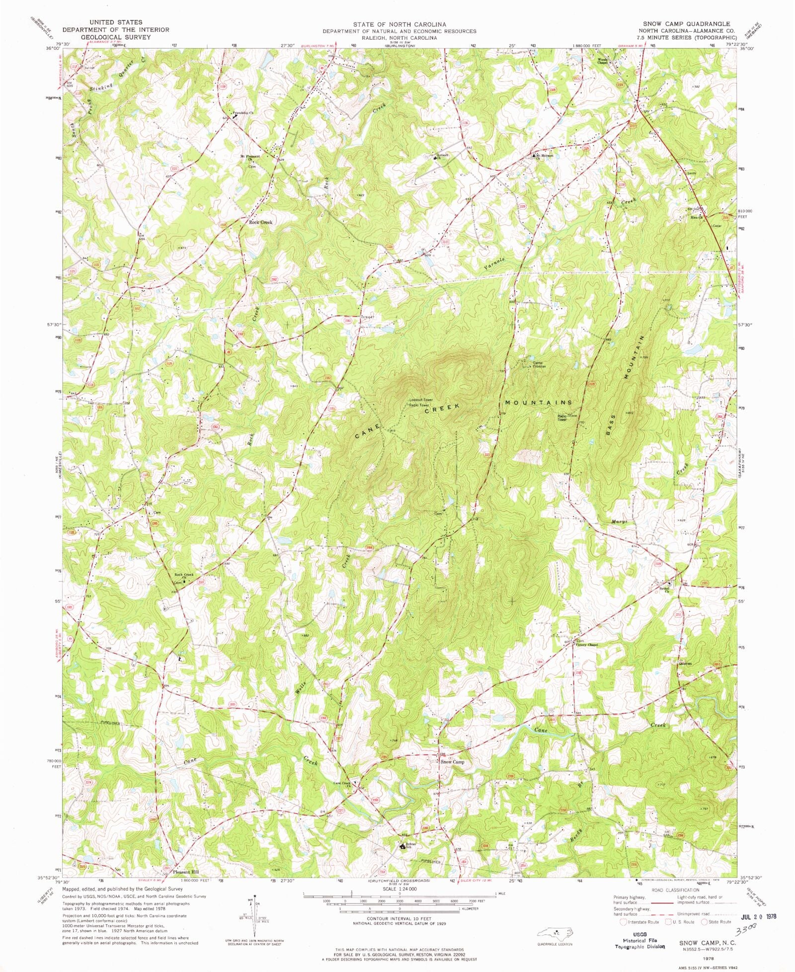 Classic USGS Snow Camp North Carolina 7.5'x7.5' Topo Map – MyTopo Map Store