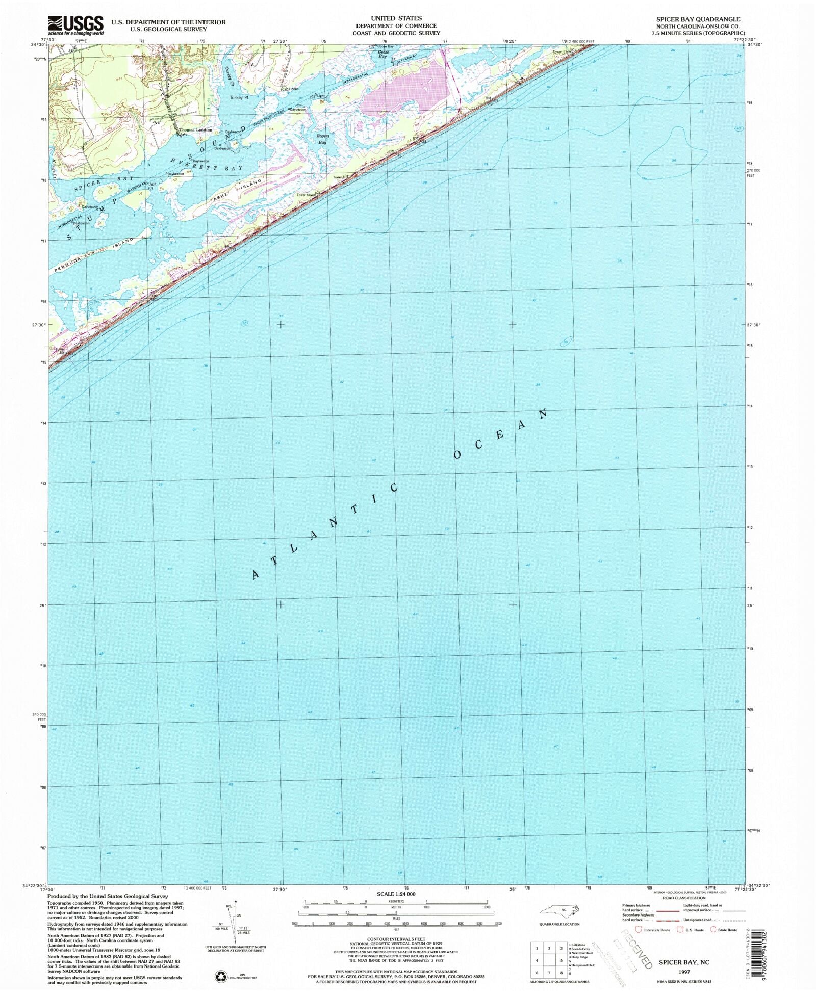 Classic USGS Spicer Bay North Carolina 7.5'x7.5' Topo Map – MyTopo Map ...