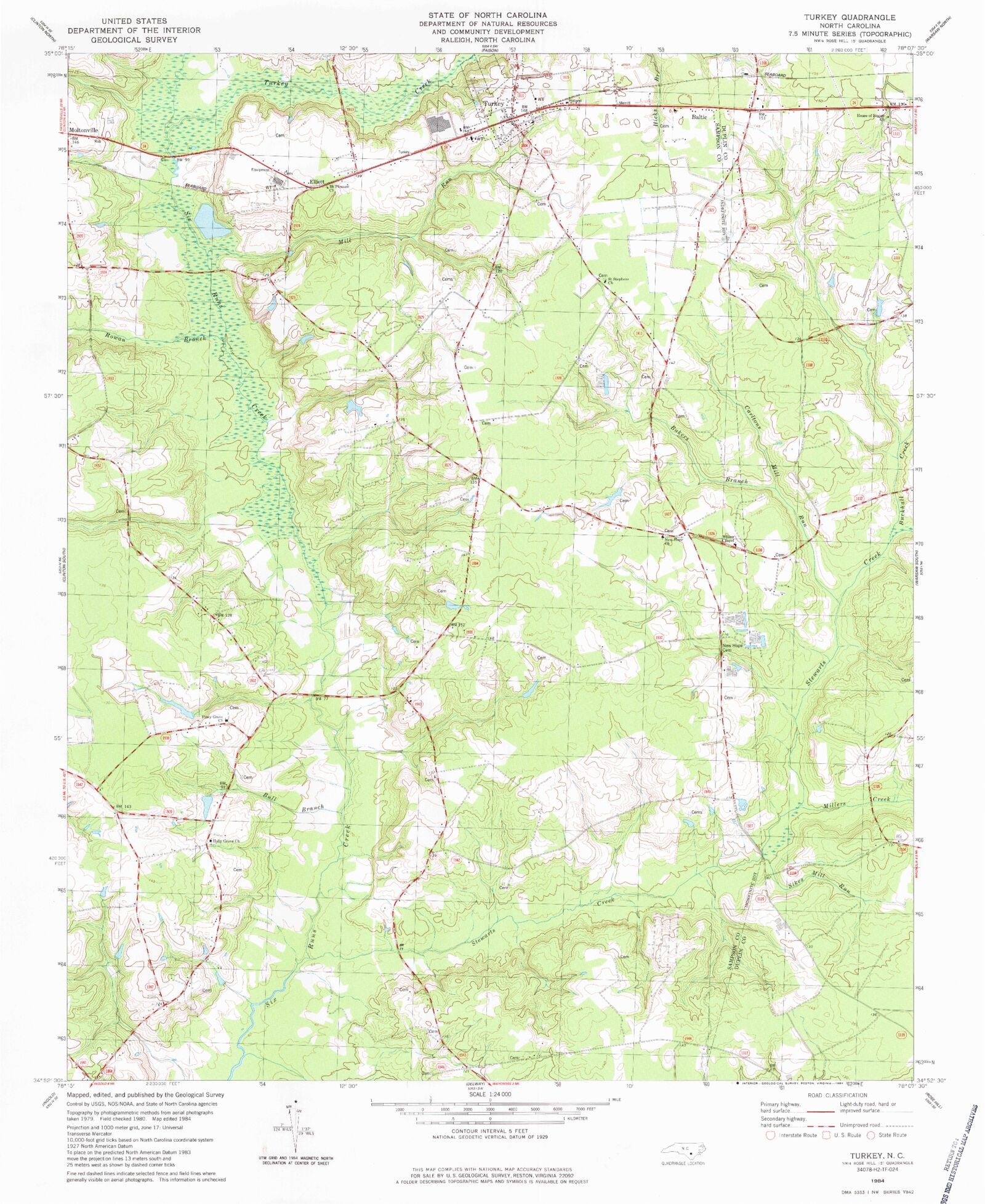 Classic USGS Turkey North Carolina 7.5'x7.5' Topo Map – MyTopo Map Store