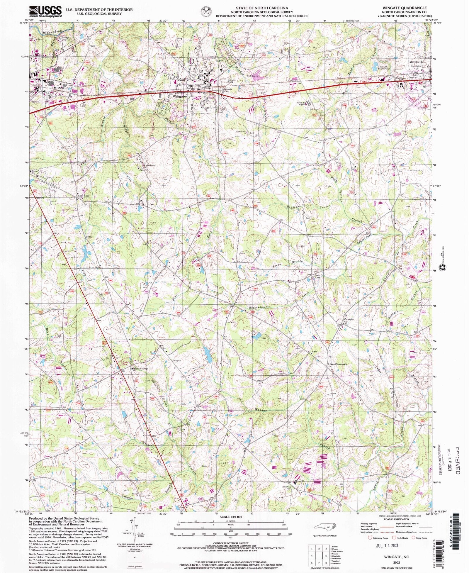 Classic USGS Wingate North Carolina 7.5'x7.5' Topo Map – MyTopo Map Store