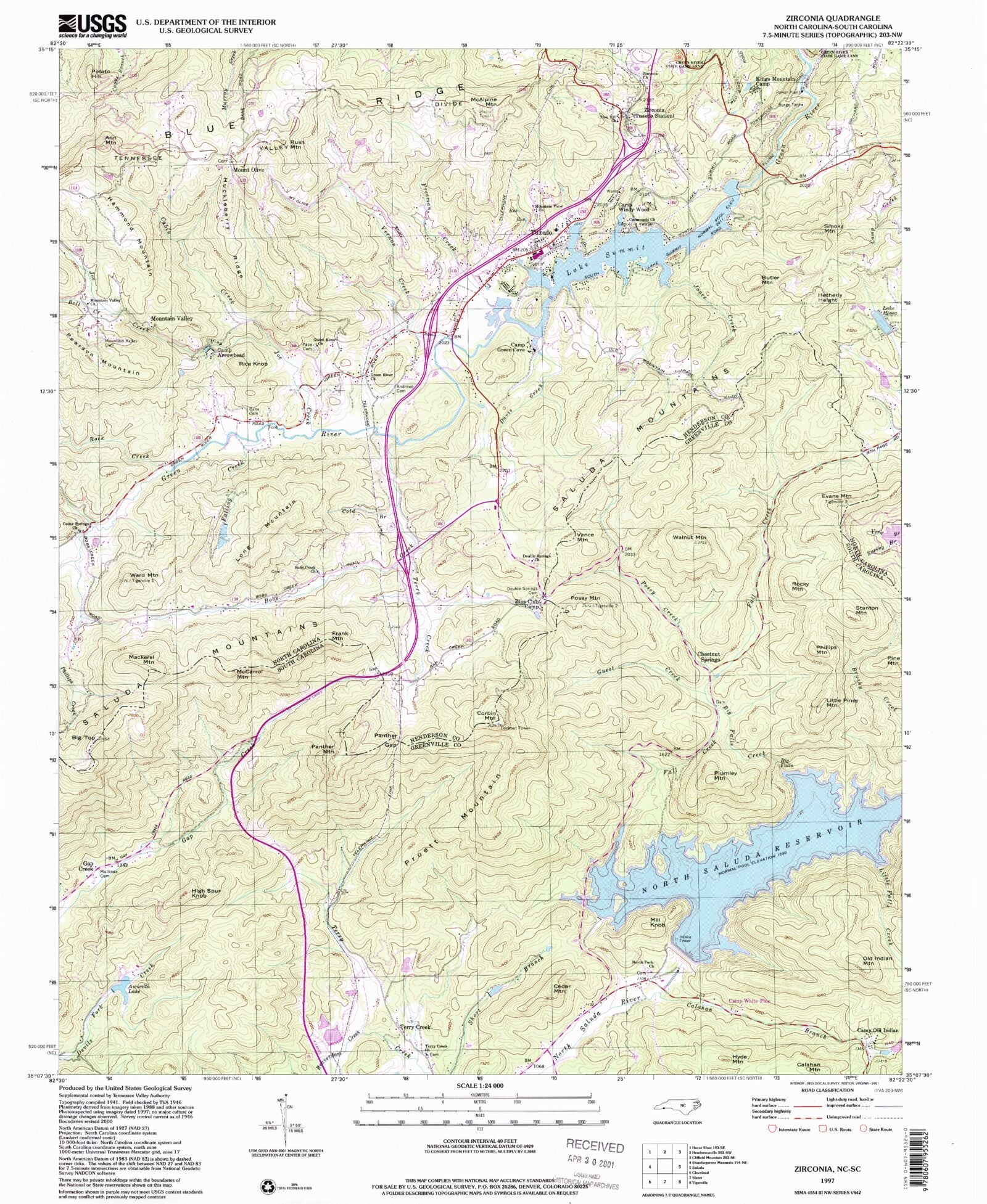 Classic USGS Zirconia North Carolina 7.5'x7.5' Topo Map – MyTopo Map Store
