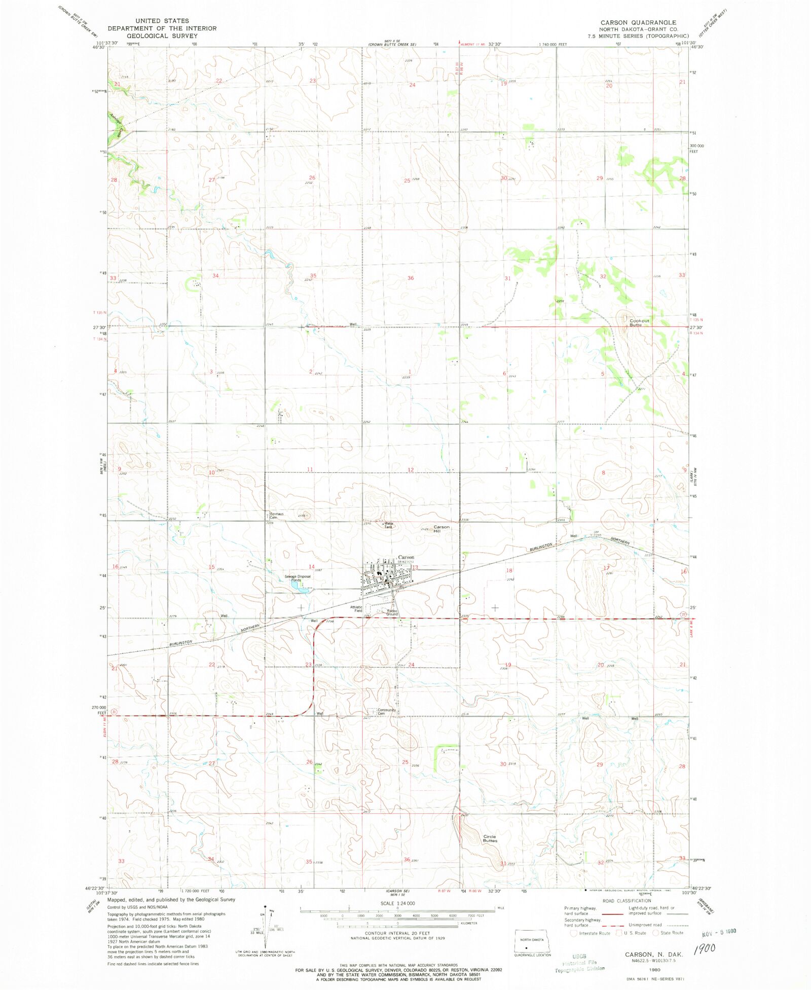 Classic USGS Carson North Dakota 7.5'x7.5' Topo Map – MyTopo Map Store