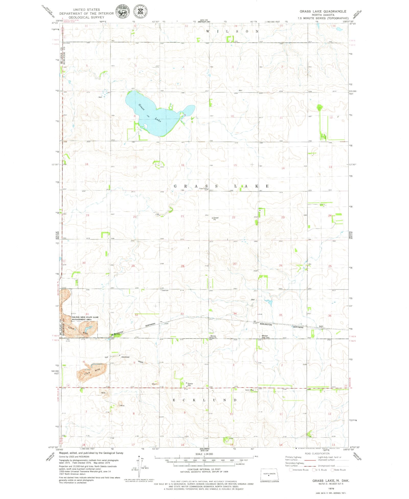 Classic USGS Grass Lake North Dakota 7.5'x7.5' Topo Map – MyTopo Map Store