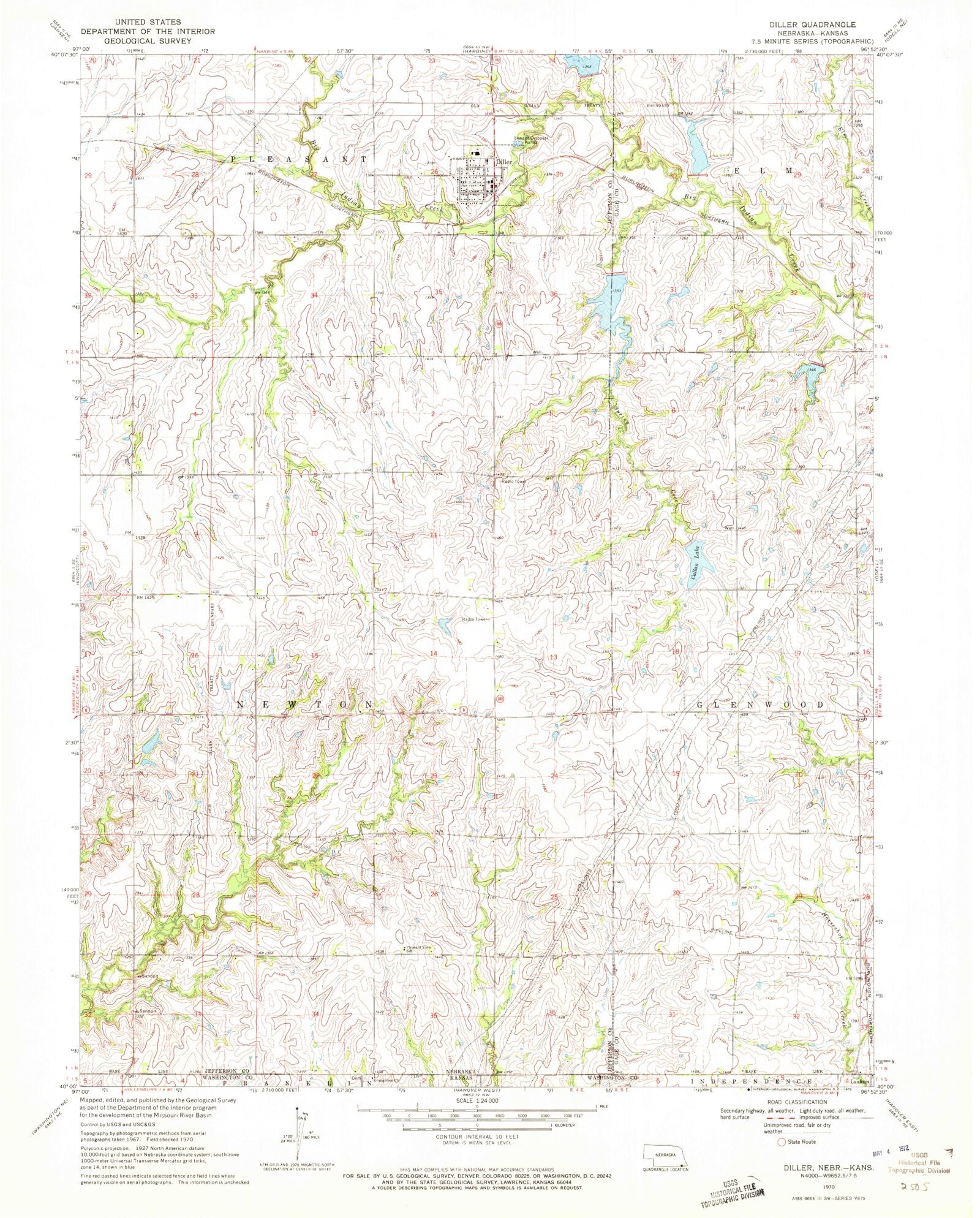 Classic USGS Diller Nebraska 7.5'x7.5' Topo Map – MyTopo Map Store