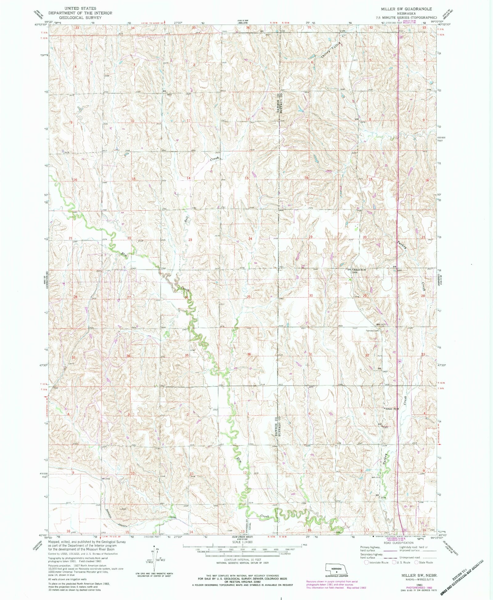 Classic USGS Miller SW Nebraska 7.5'x7.5' Topo Map – MyTopo Map Store