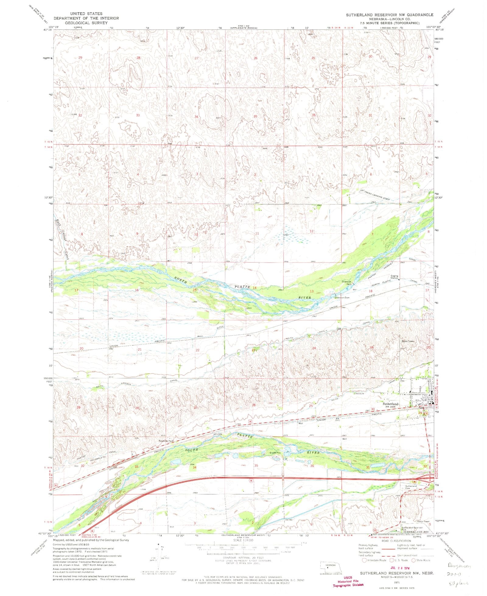 Classic USGS Sutherland Reservoir NW Nebraska 7.5'x7.5' Topo Map ...