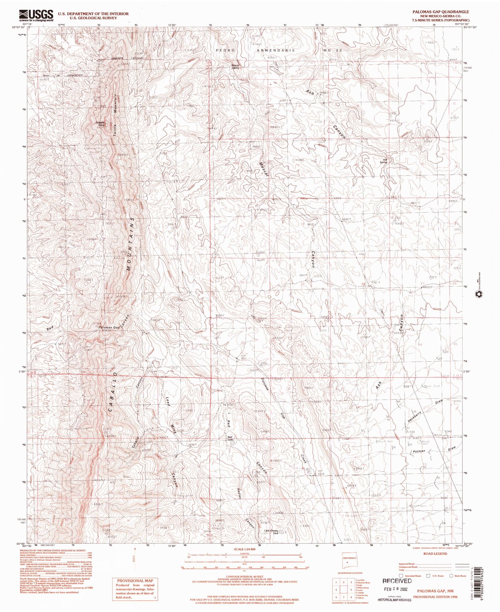 Classic USGS Palomas Gap New Mexico 7.5'x7.5' Topo Map – MyTopo Map Store