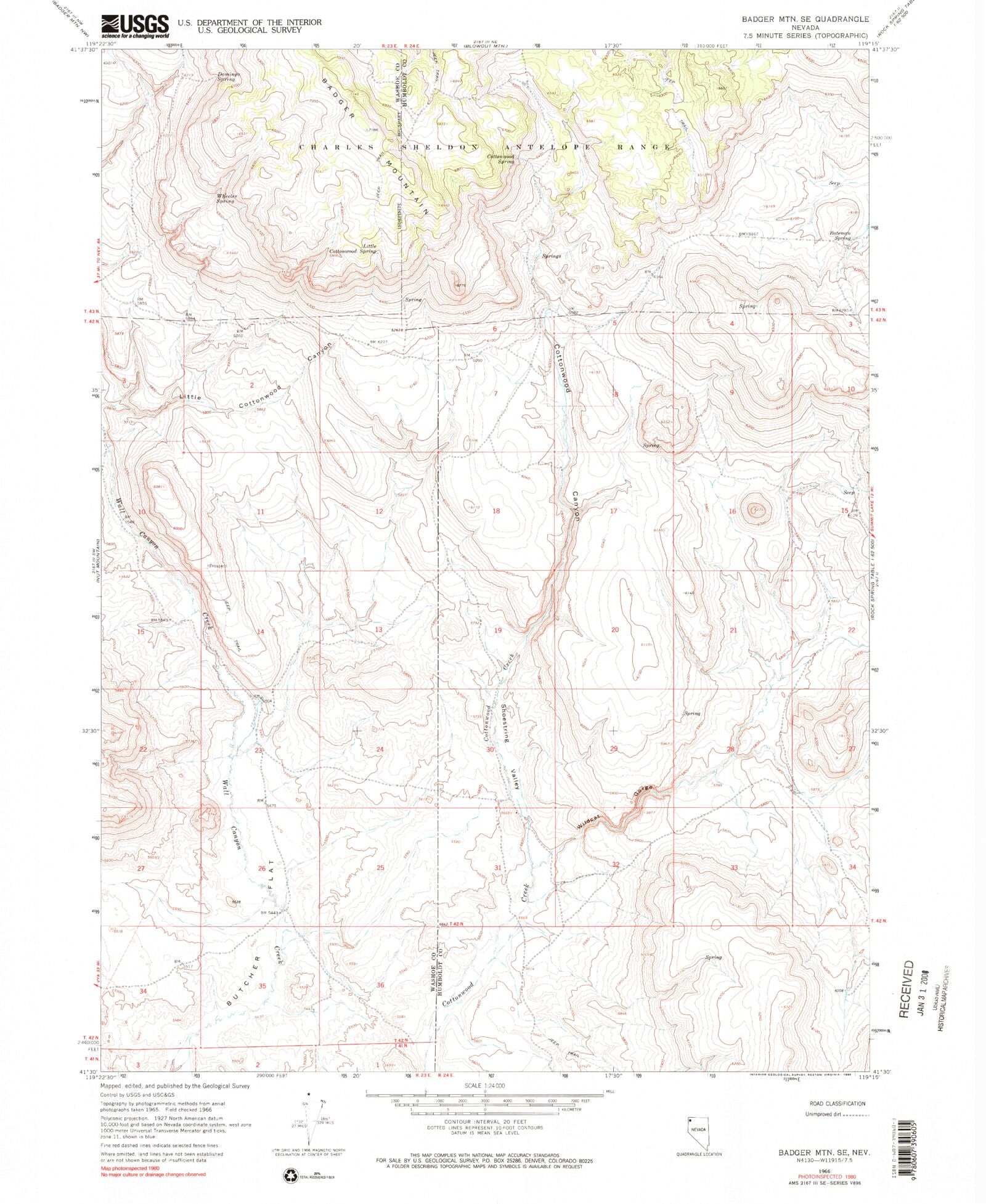 Classic USGS Badger Mountain SE Nevada 7.5'x7.5' Topo Map – MyTopo Map Store