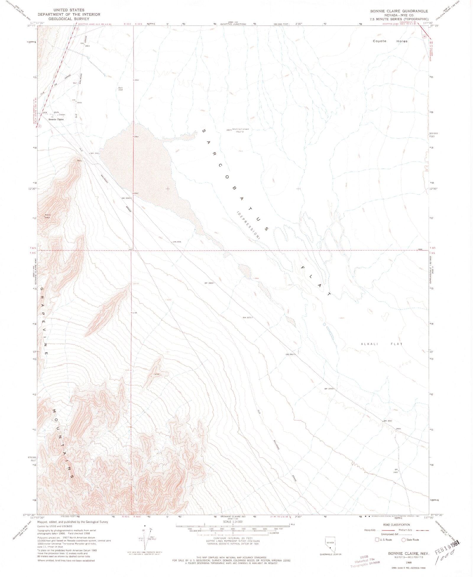 Classic USGS Bonnie Claire Nevada 7.5'x7.5' Topo Map – MyTopo Map Store