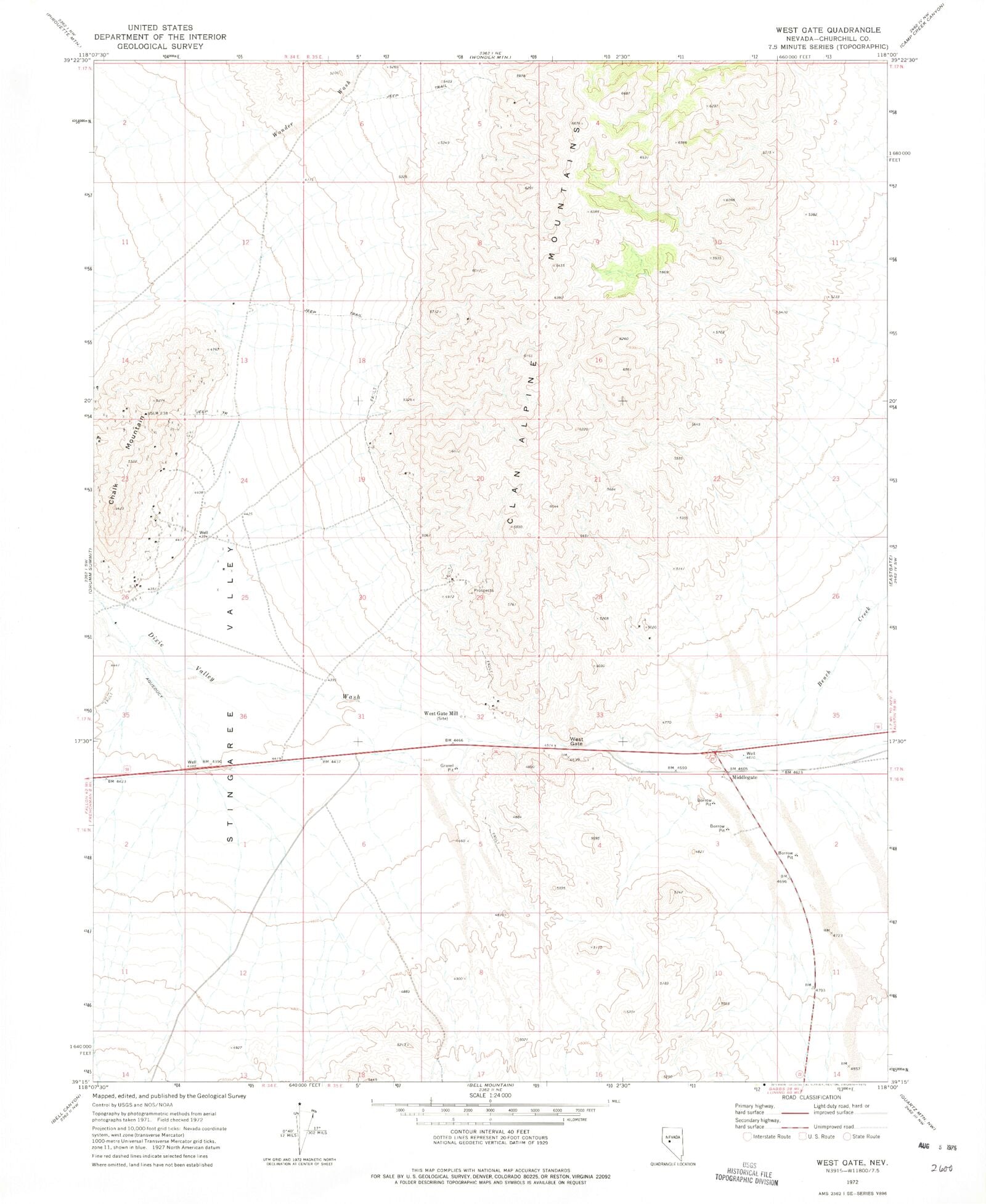 Classic USGS West Gate Nevada 7.5'x7.5' Topo Map – MyTopo Map Store