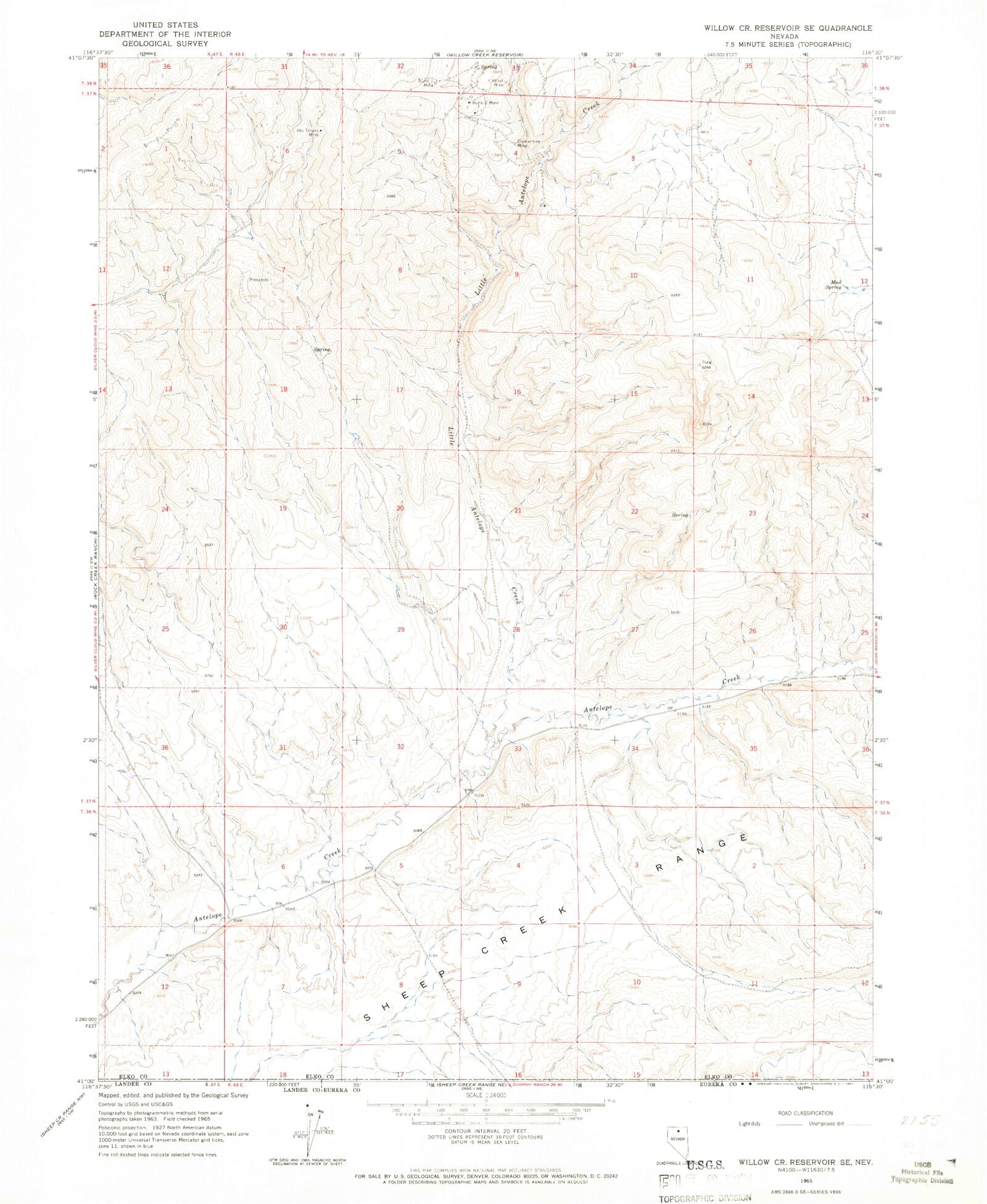 Classic USGS Willow Creek Reservoir SE Nevada 7.5'x7.5' Topo Map – MyTopo Map Store