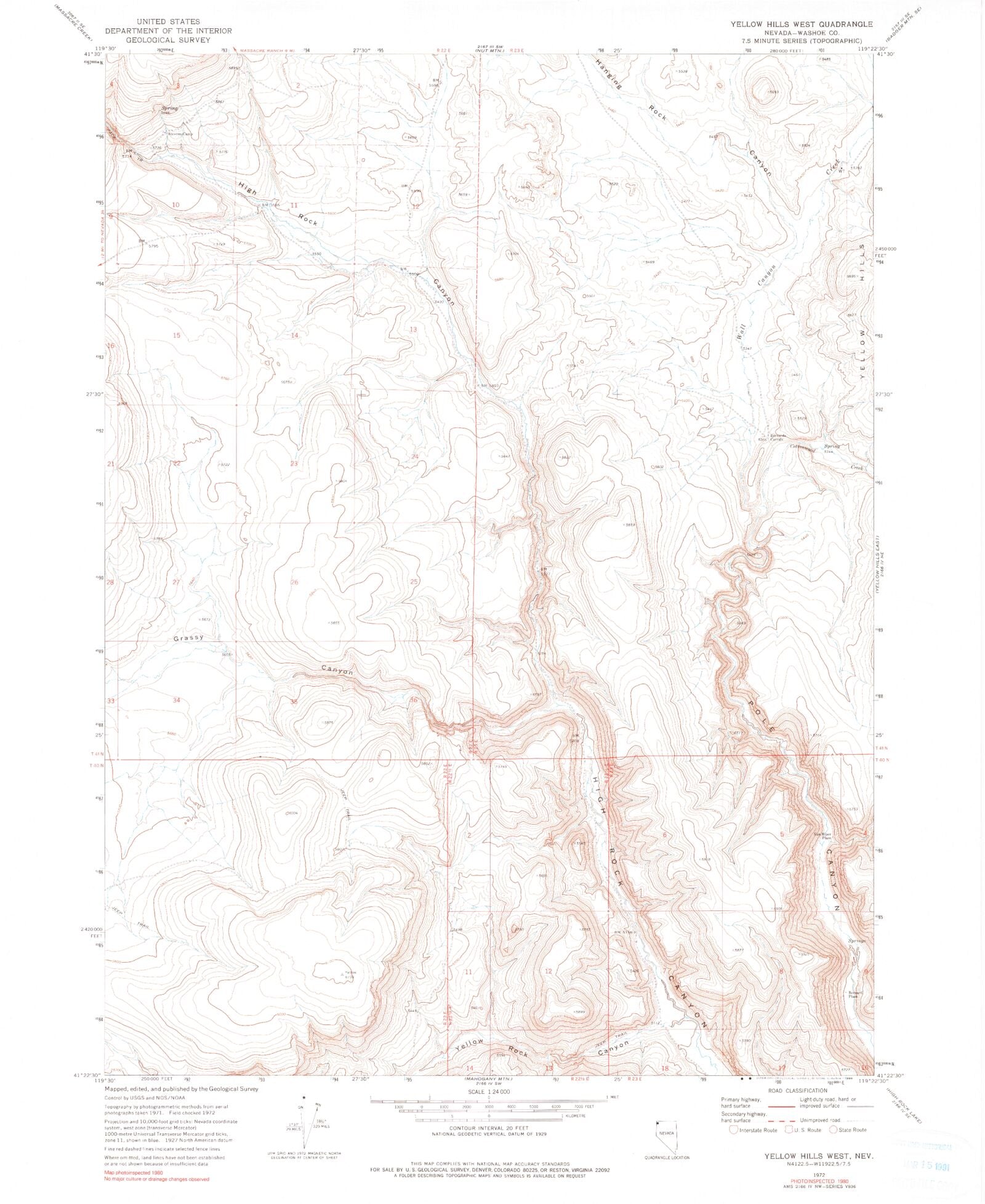 Classic USGS Yellow Hills West Nevada 7.5'x7.5' Topo Map – MyTopo Map Store